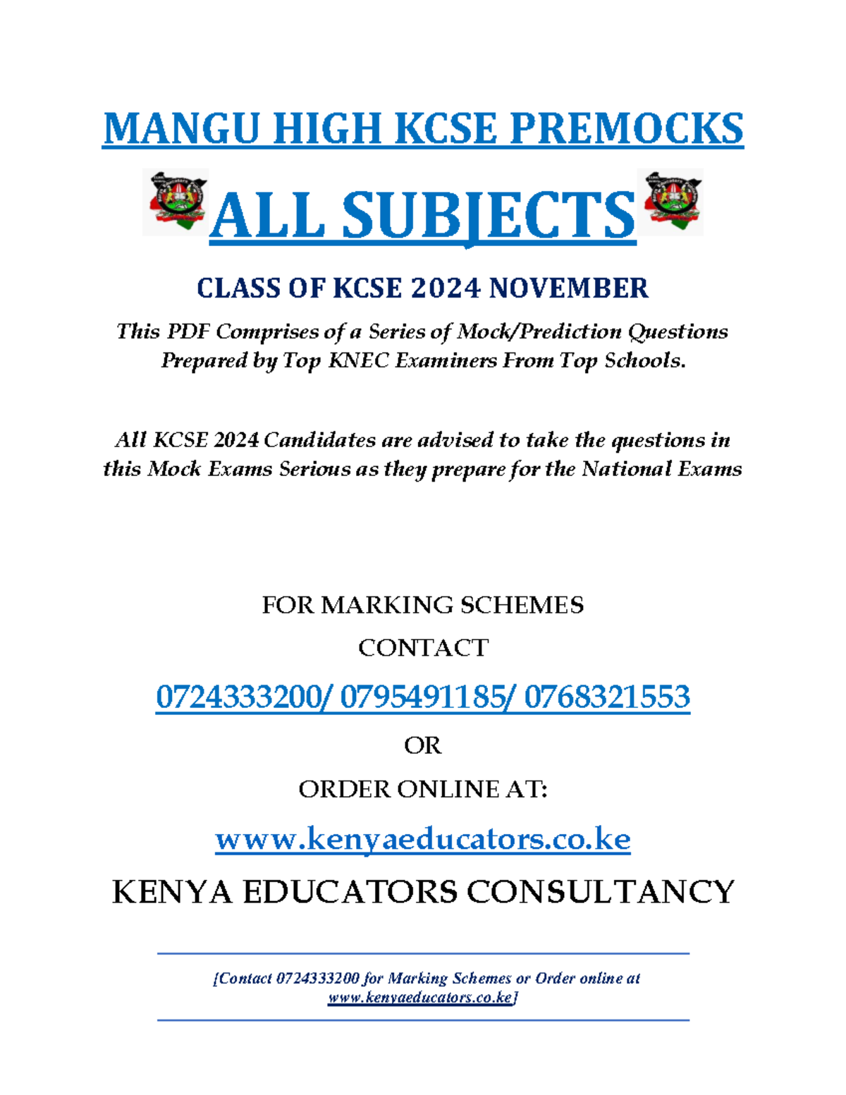 Mangu HIGH KCSE 2024 Premocks - [Contact 0724333200 for Marking Schemes ...
