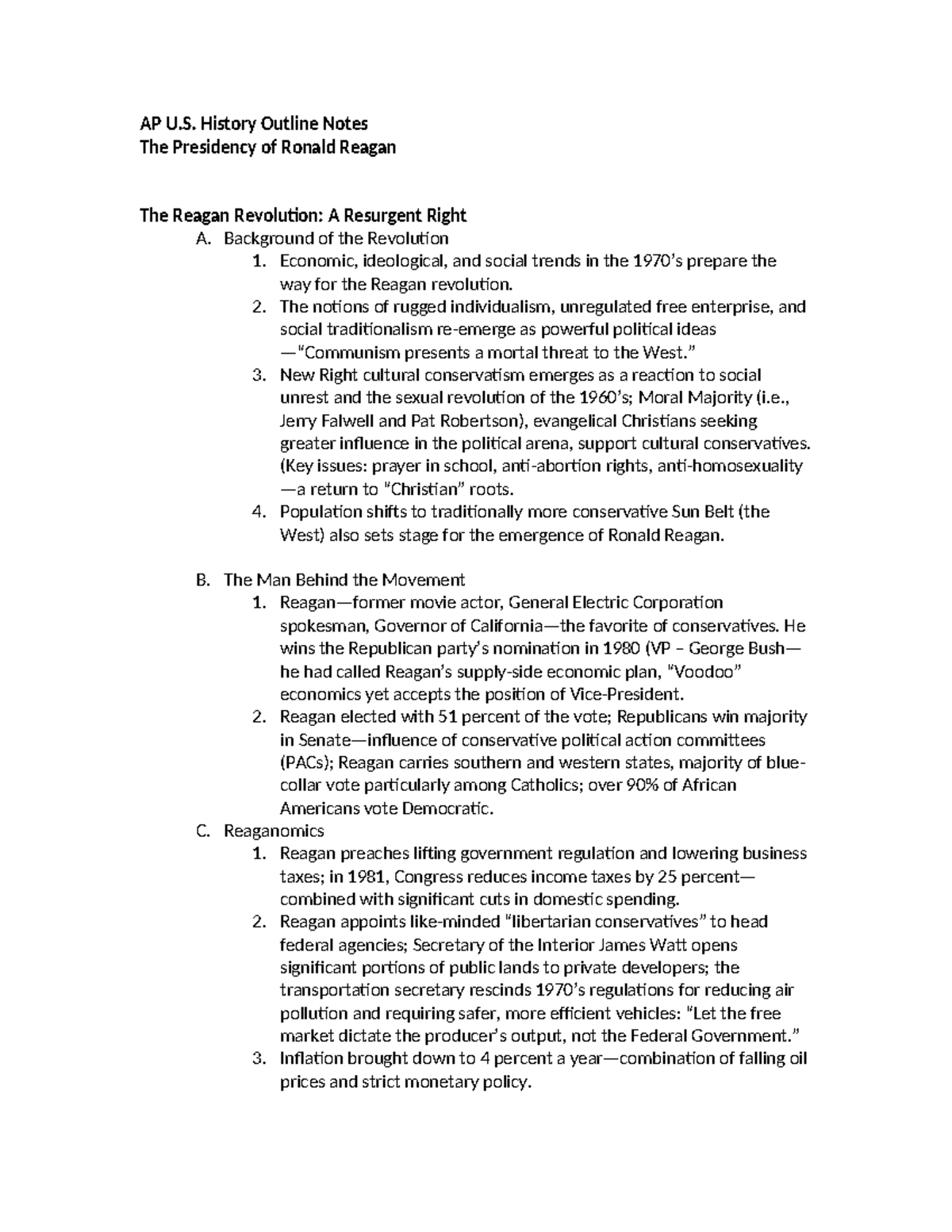 AP US History Outline Notes-The Reagan Presidency-1 - AP U. History ...