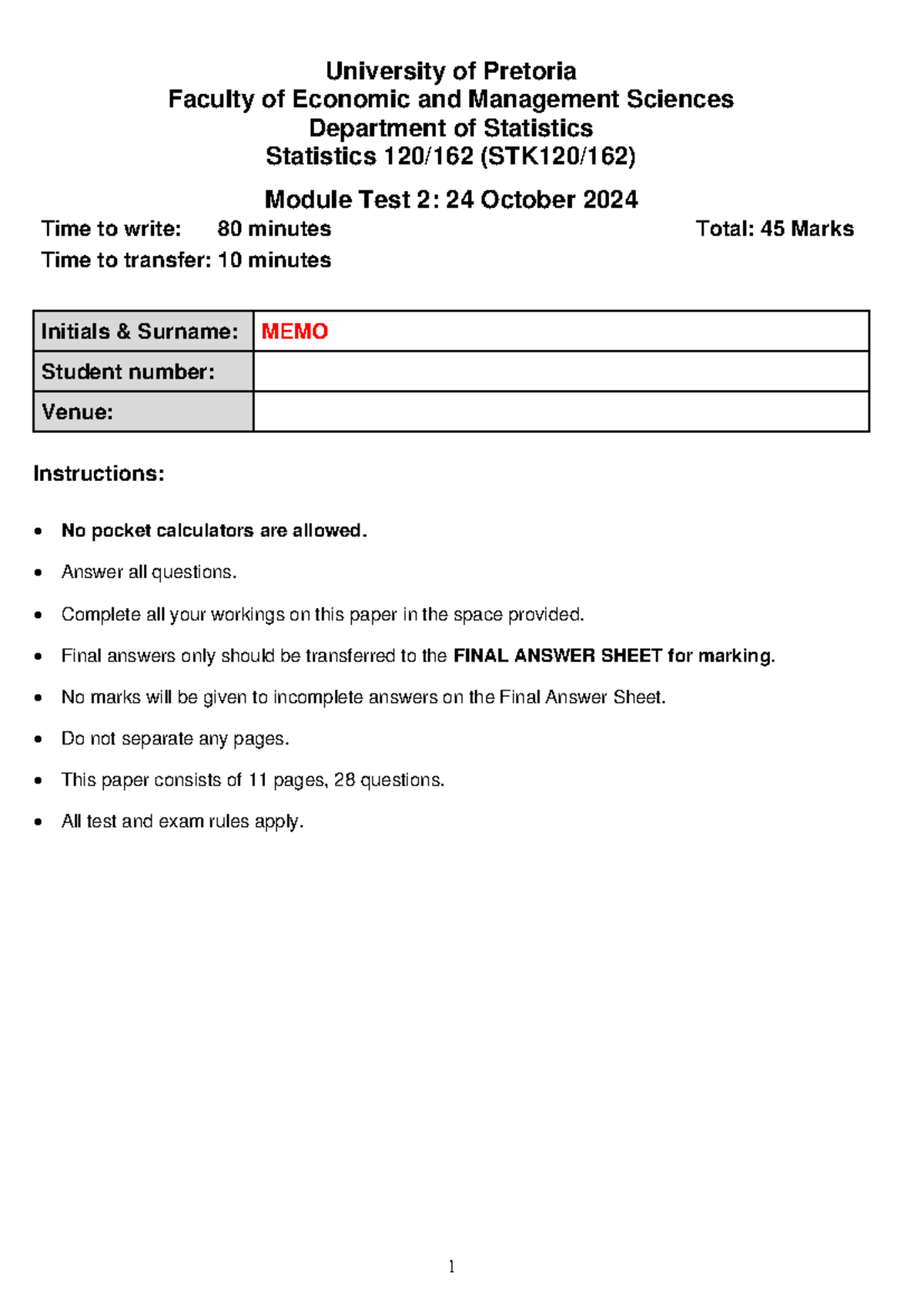 STK120 - Module Test 2 - 2024 memo - University of Pretoria Faculty of ...