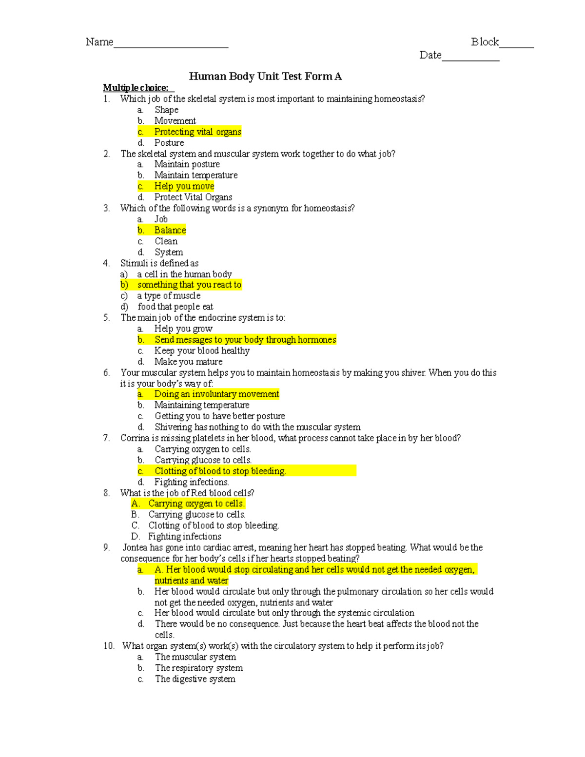 Test 2018, questions - Human Body Unit Test Form A Multiple choice: 1 ...