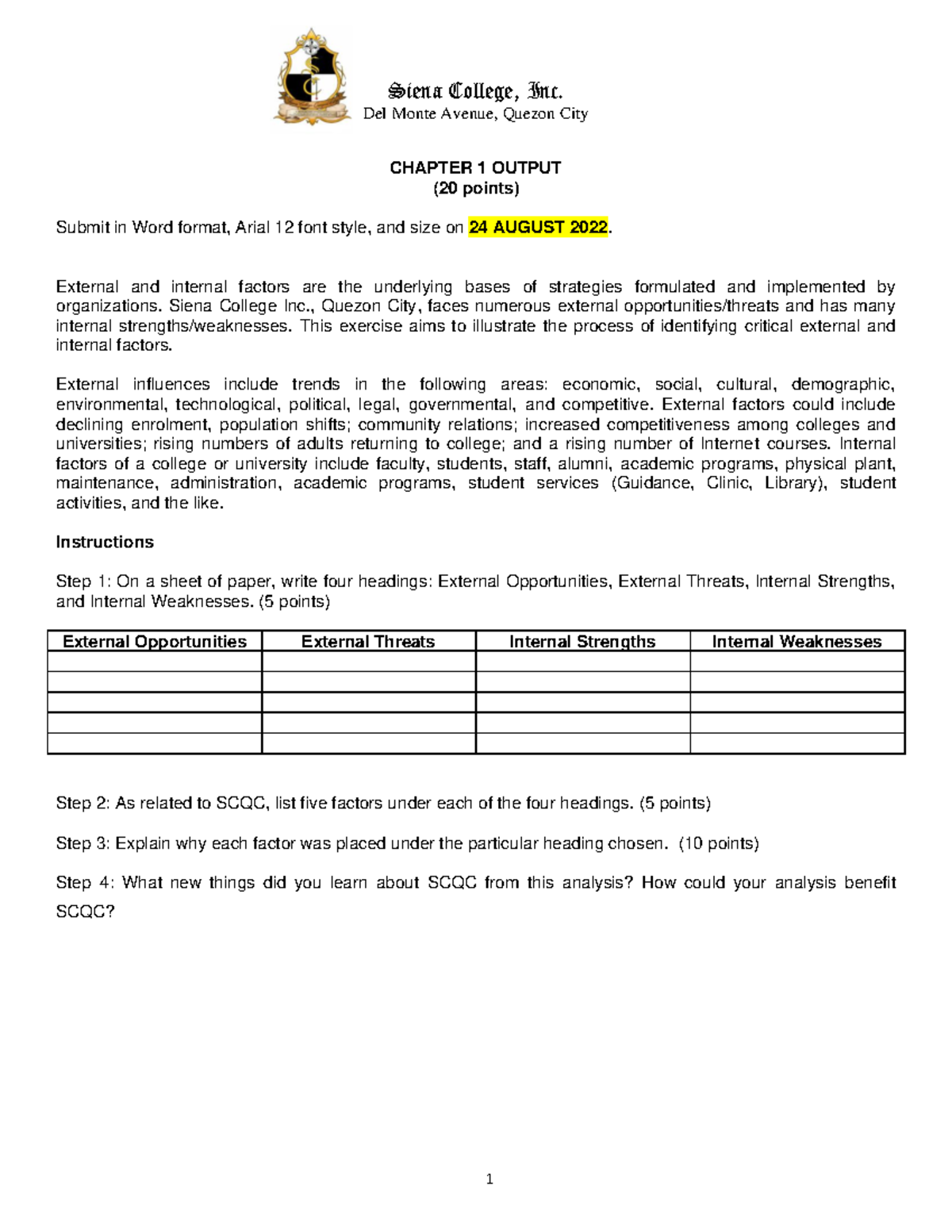 Strama output 1 - Siena College, Inc. Del Monte Avenue, Quezon City 1 ...