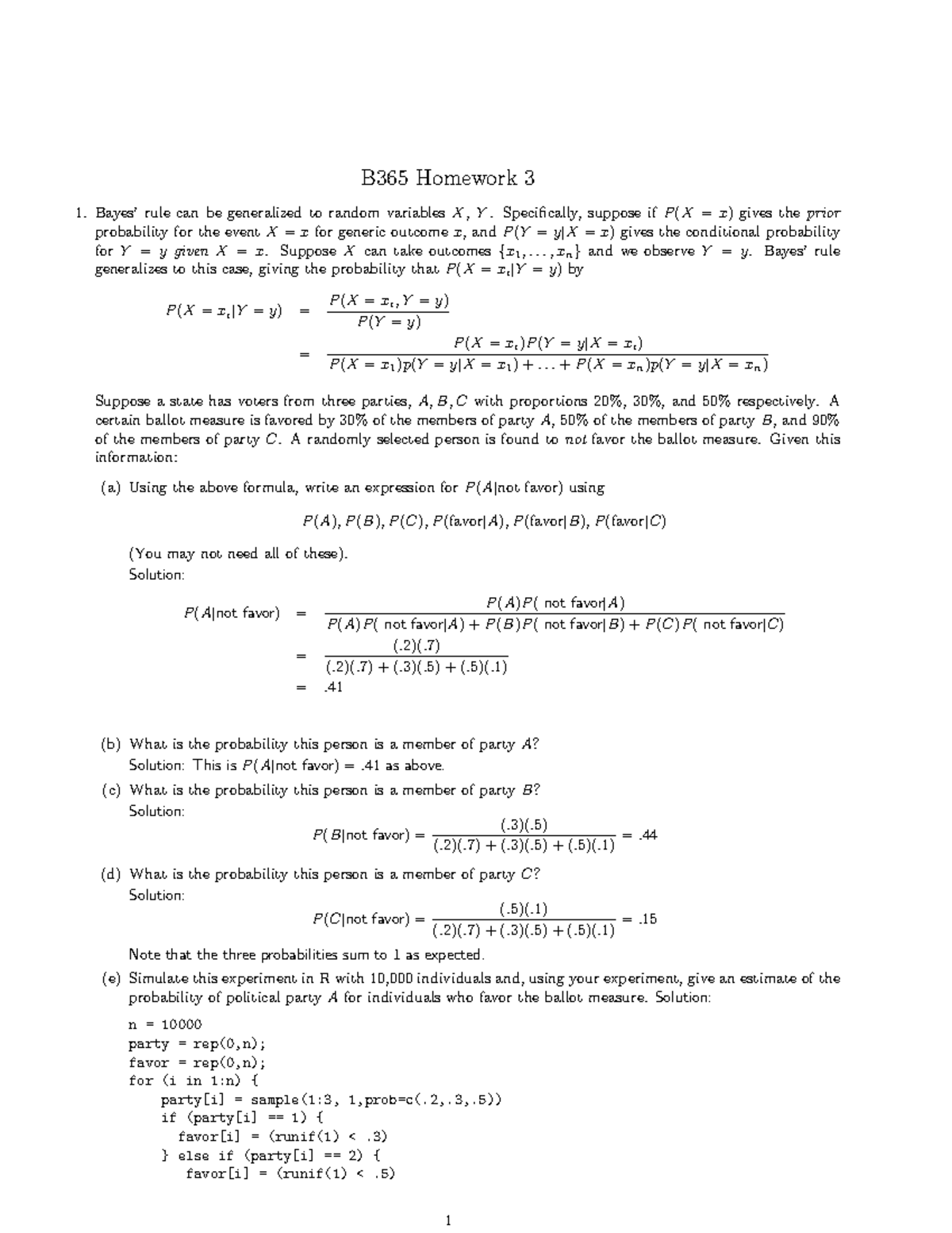 Hw3 sol - HW solutions - B365 Homework 3 Bayes’ rule can be generalized to random variables X, Y ...