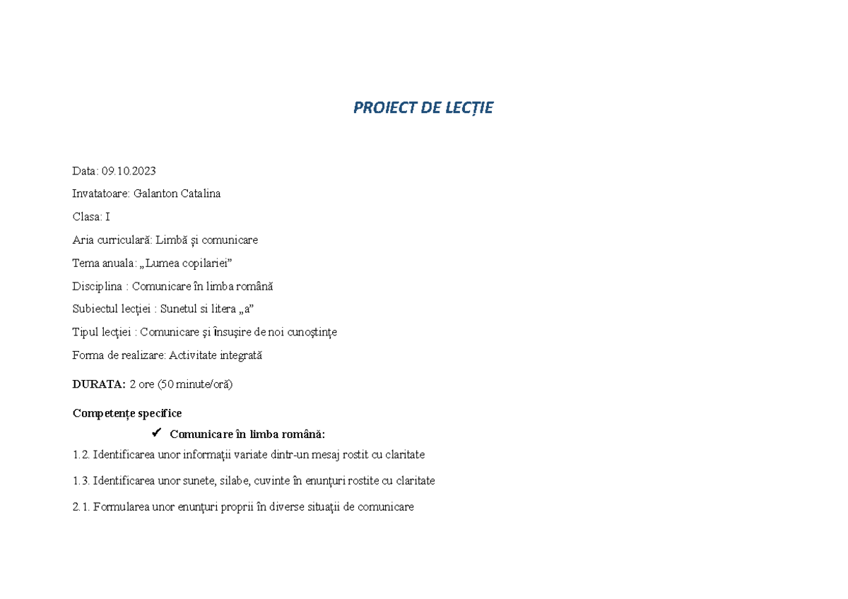 4 proiect de lectie clr - PROIECT DE LECȚIE Data: 09. Invatatoare: Galanton Catalina Clasa: I ...