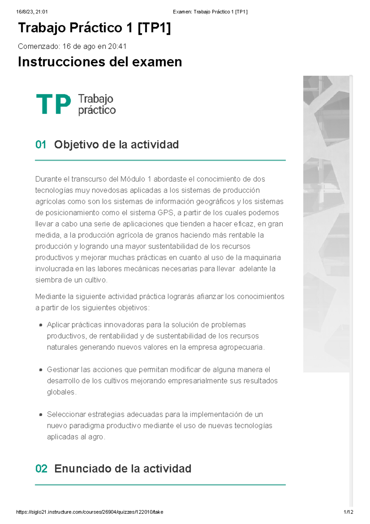 TP1 SIG - 100 puntos - Trabajo Práctico 1 [TP1] Comenzado: 16 de ago en 20: Instrucciones del ...