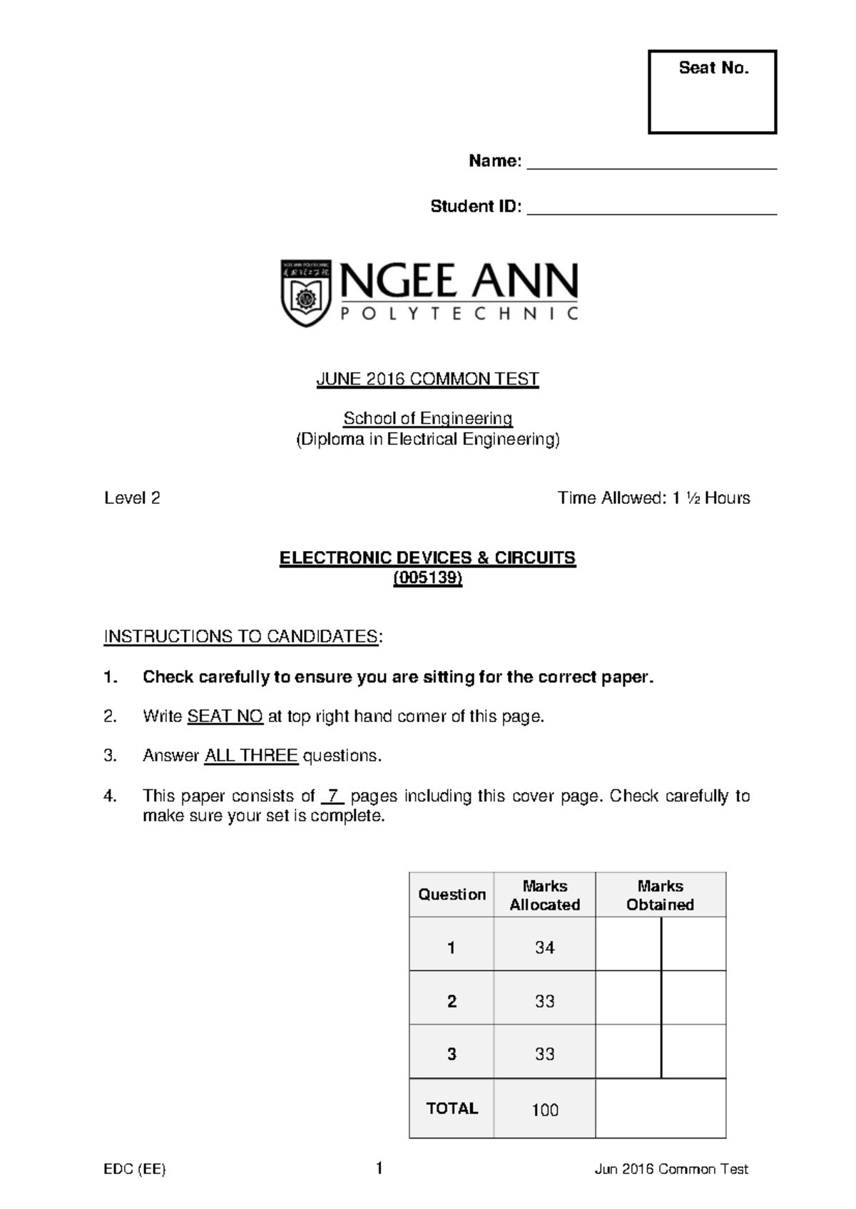 2016 Jun Common Test EDC sem1 Stud Solution - Name ...