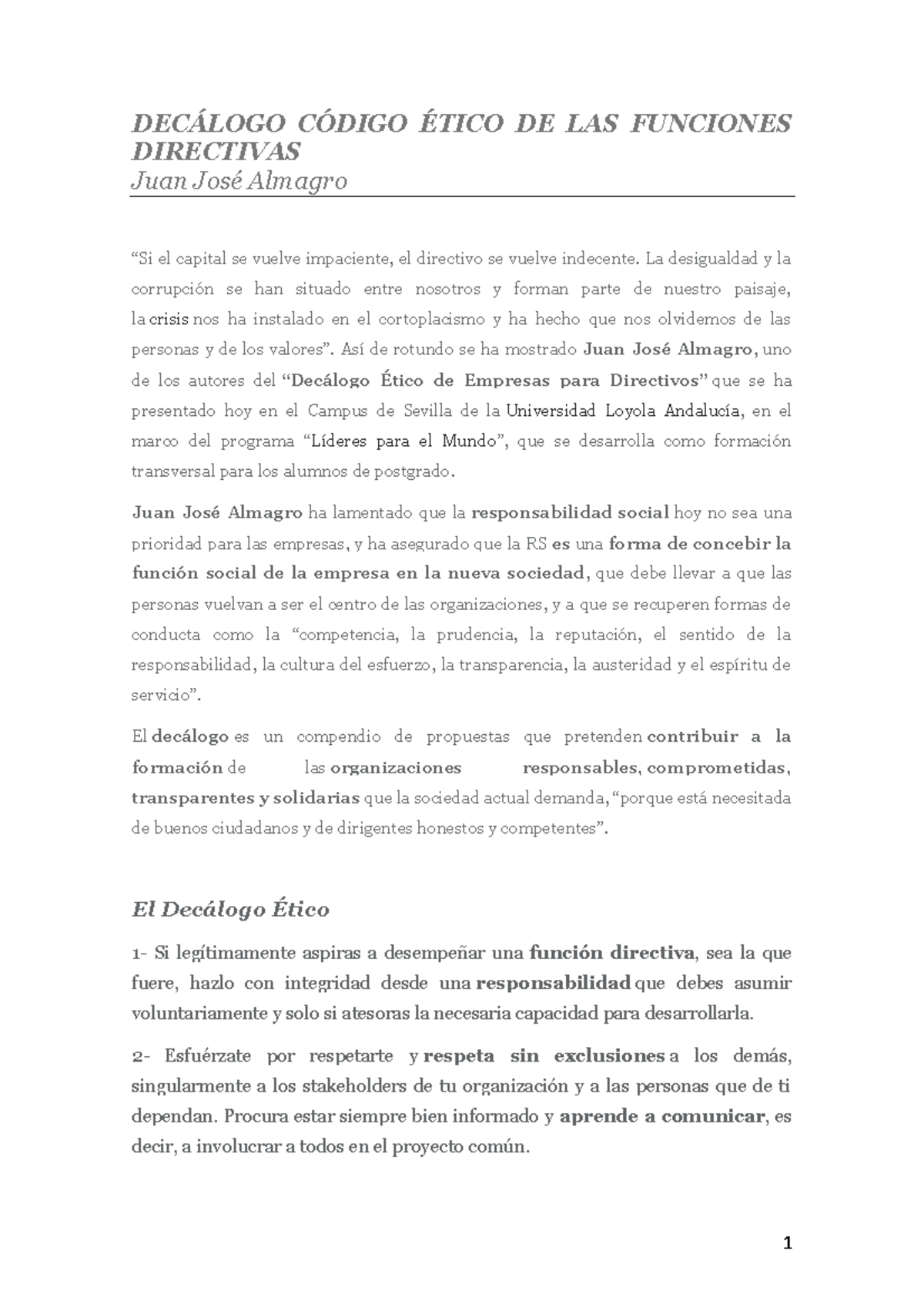Decálogo Código Ético DE LAS Funciones Directivas - 1 DECÁLOGO CÓDIGO ...
