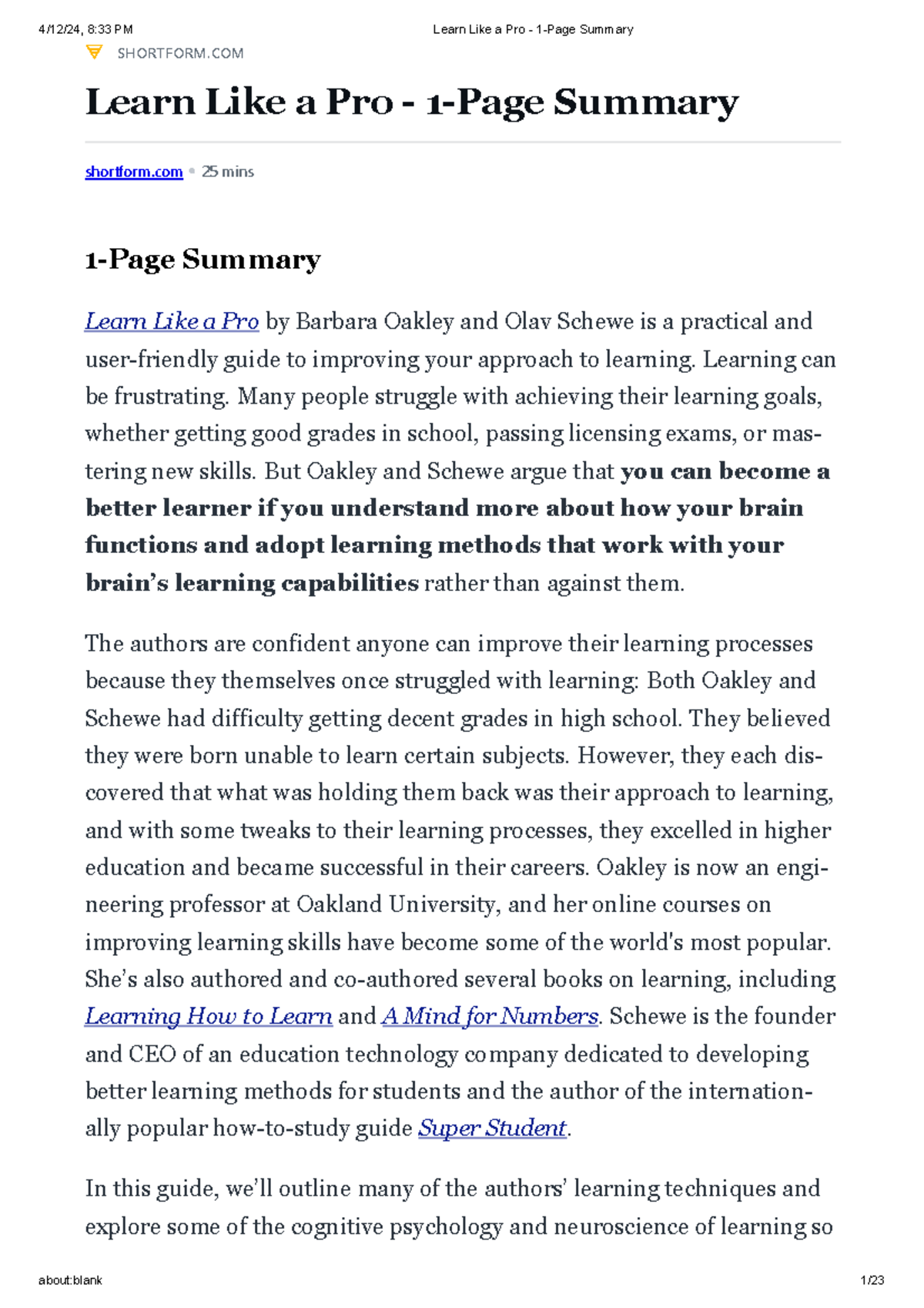 Learn Like a Pro - 1-Page Summary - SHORTFORM Learn Like a Pro - 1-Page ...