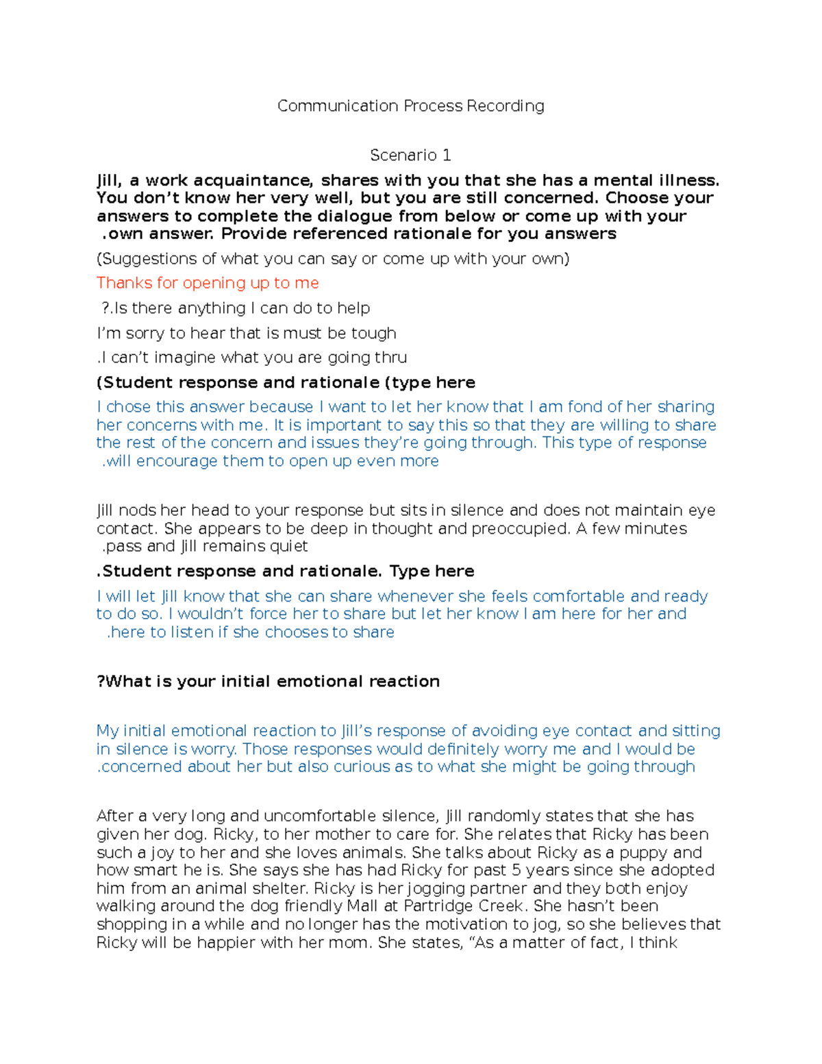 Process Recording 1 - Communication Process Recording Scenario 1 Jill ...