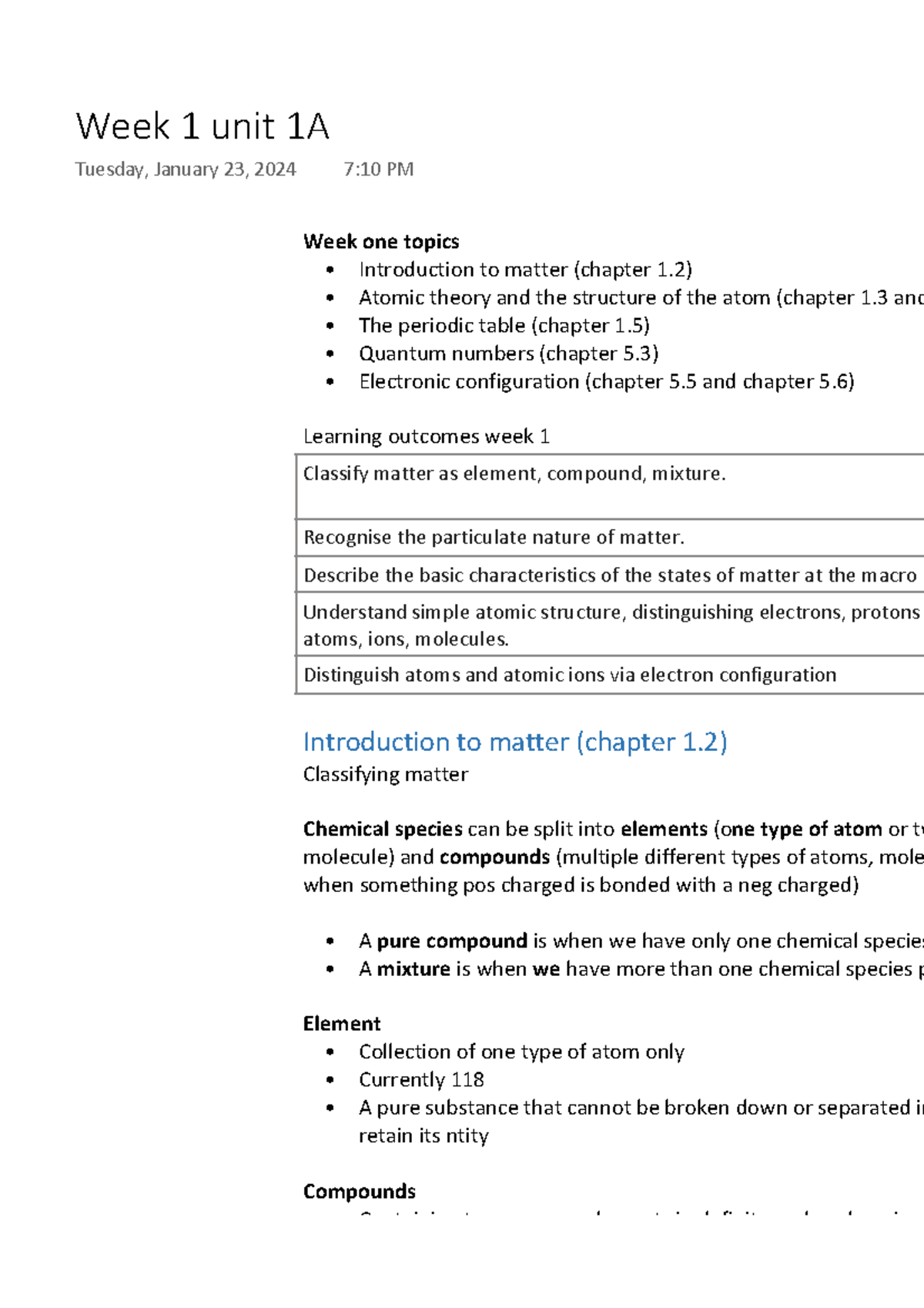 Week 1 unit 1A - Week one topics - Introduction to matter (chapter 1 ...