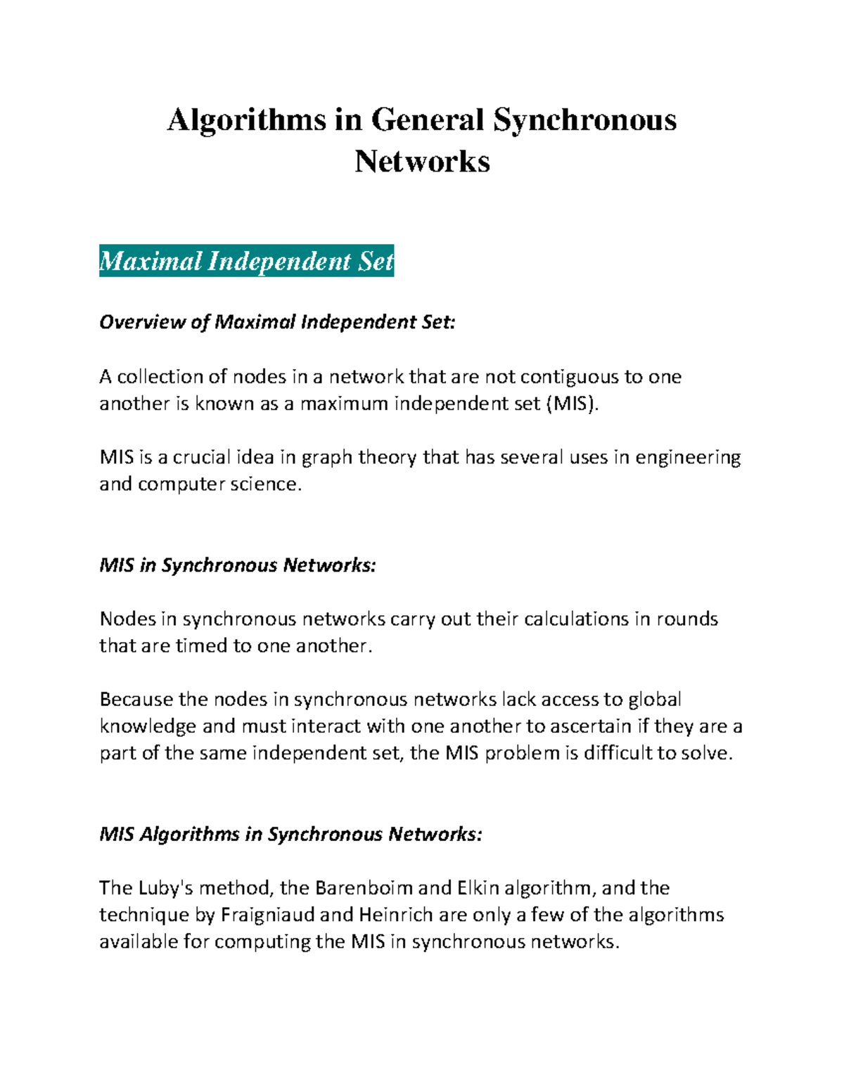 Algorithms In General Synchronous Networks Part 4 Maximal Independent Set Algorithms In