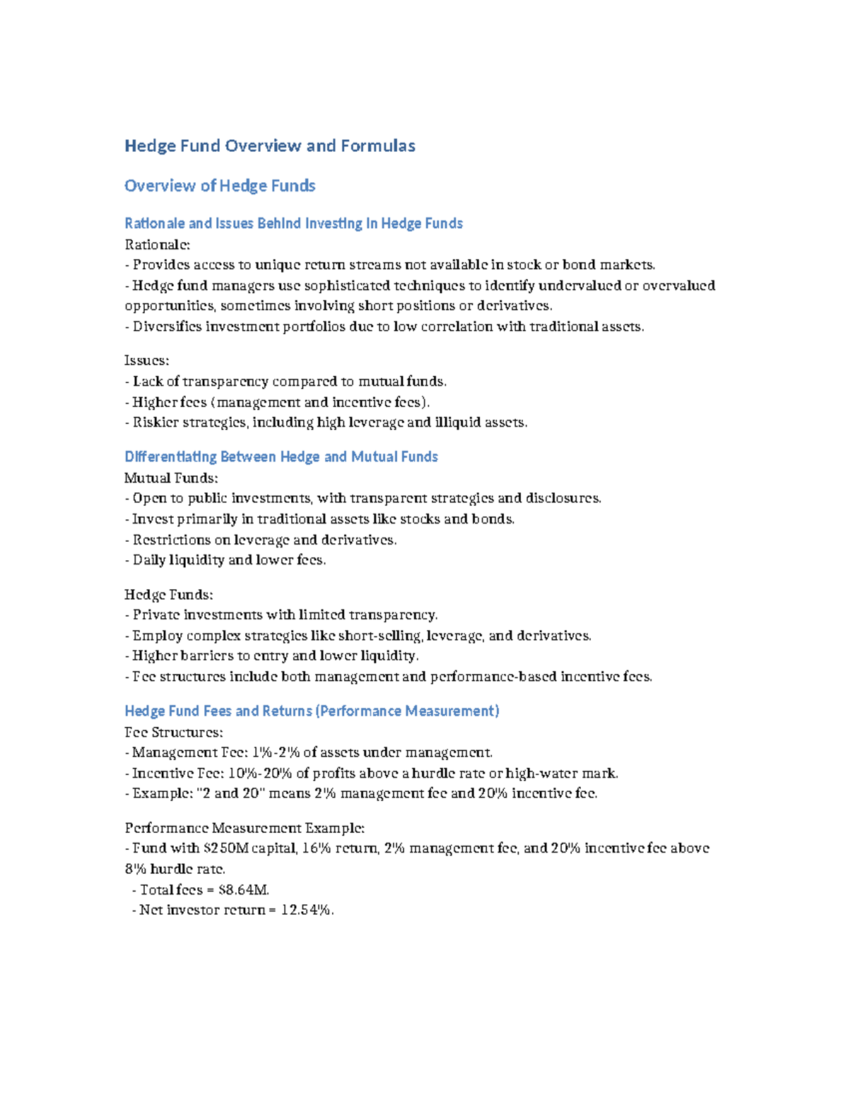 Hedge Fund Overview and Formulas - Hedge Fund Overview and Formulas ...