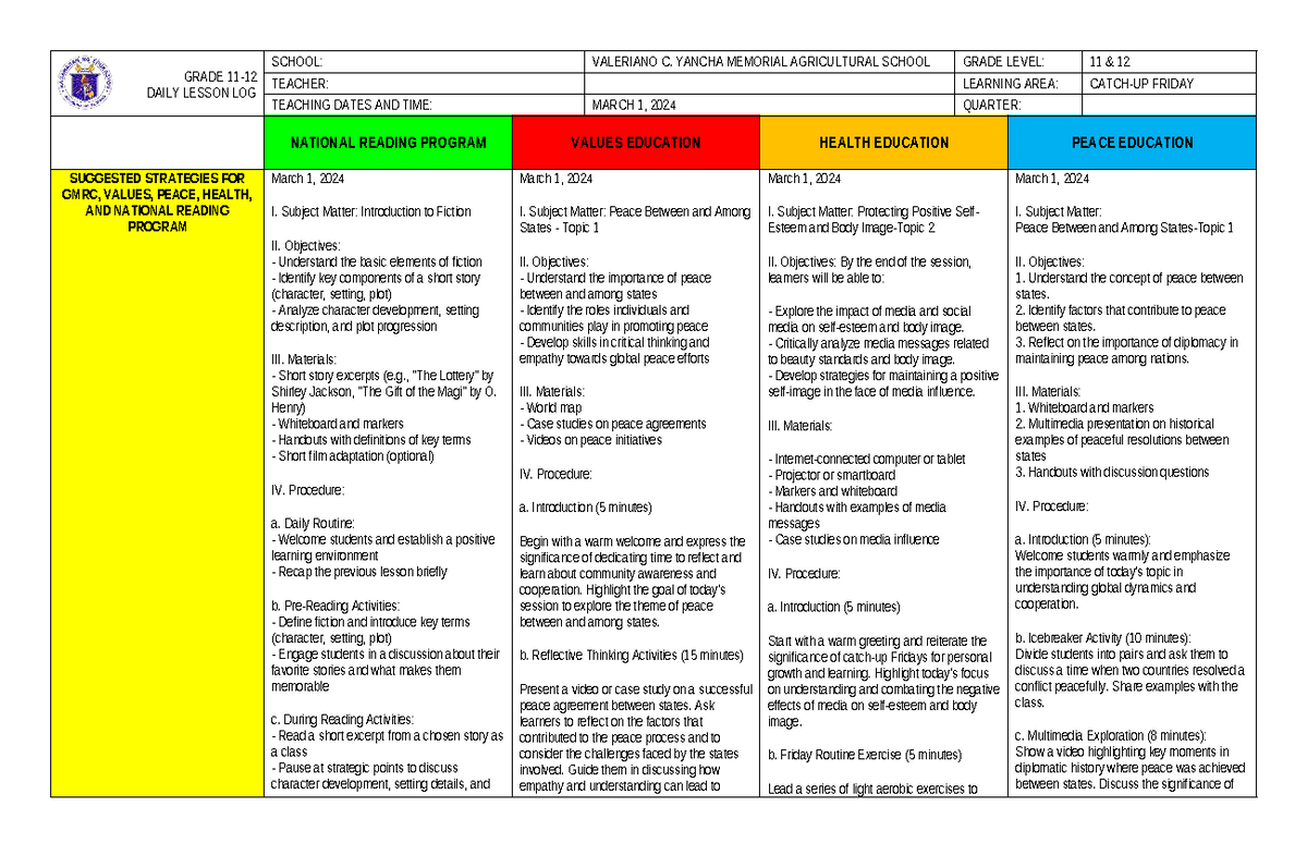 DLL Catch UP Fridays March TO MAY 2024 - GRADE 11- DAILY LESSON LOG ...