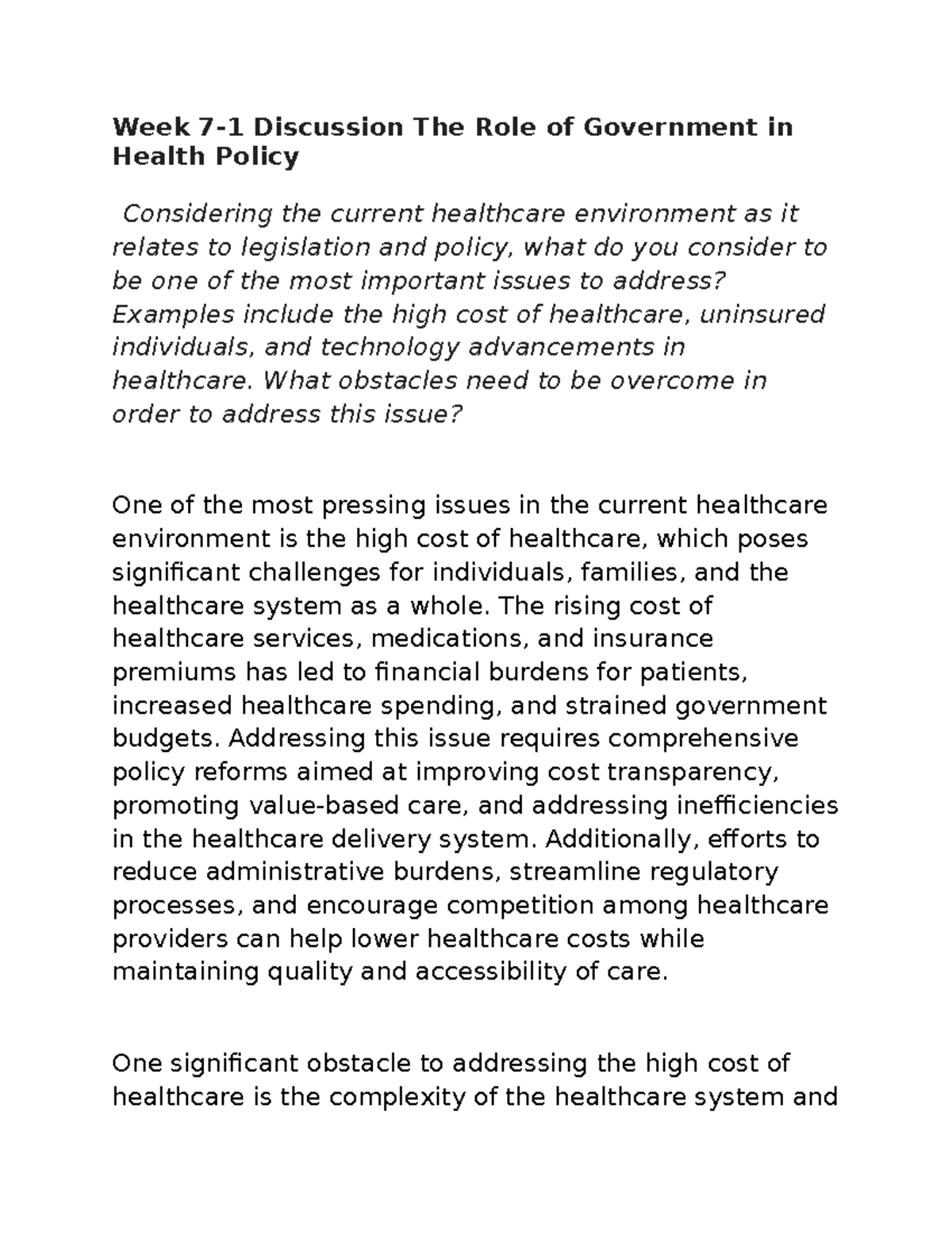 Week 7-1 Discussion The Role of Government in Health Policy - Week 7-1 ...