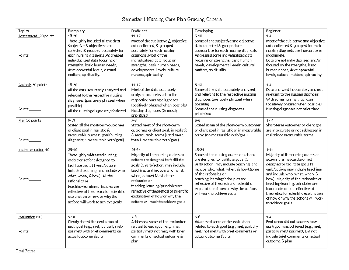 00Nursing Care Plan Rubric - Semester 1 Nursing Care Plan Grading ...