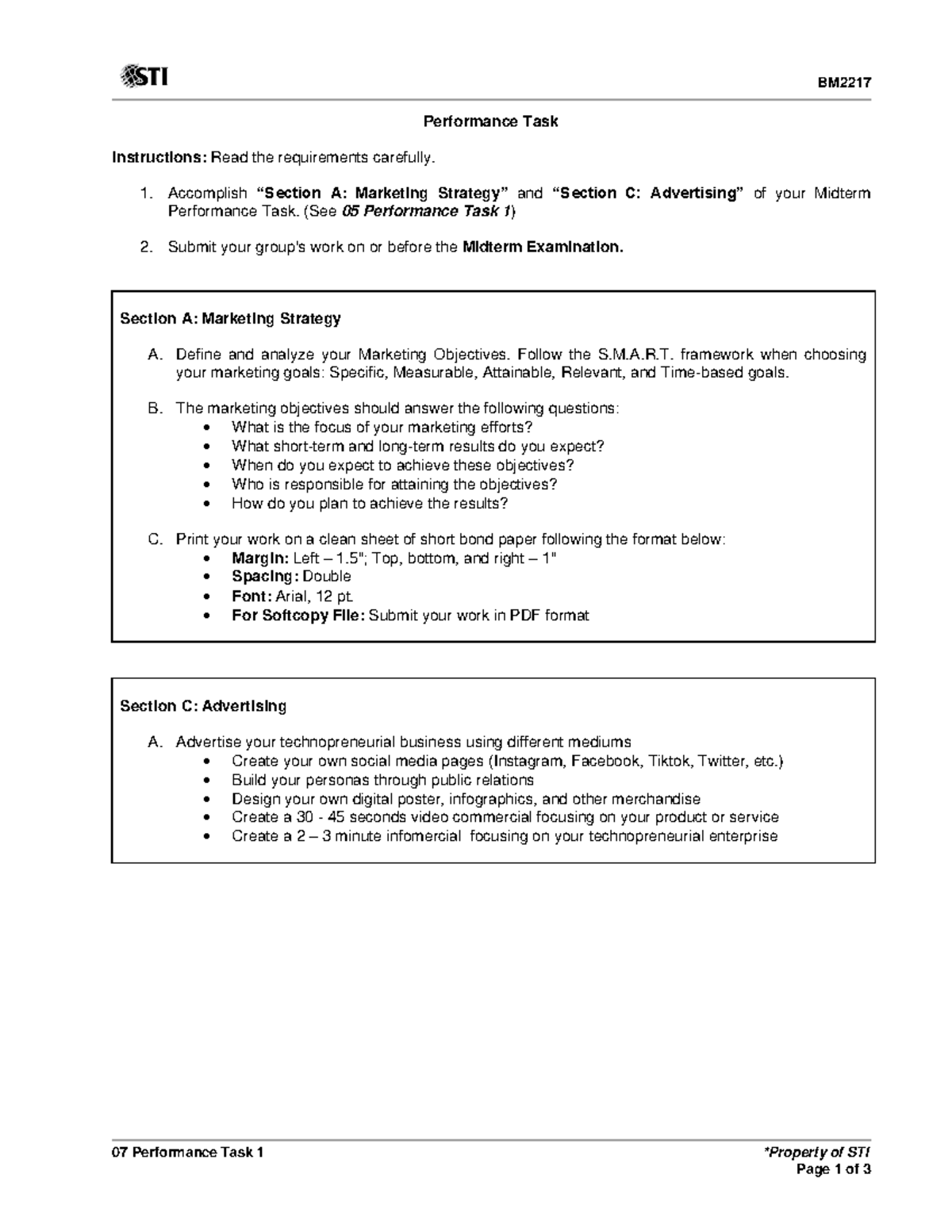 07 Performance Task 1 Course Work Bm 07 Performance Task 1 Property Of Sti Page 1 Of 3