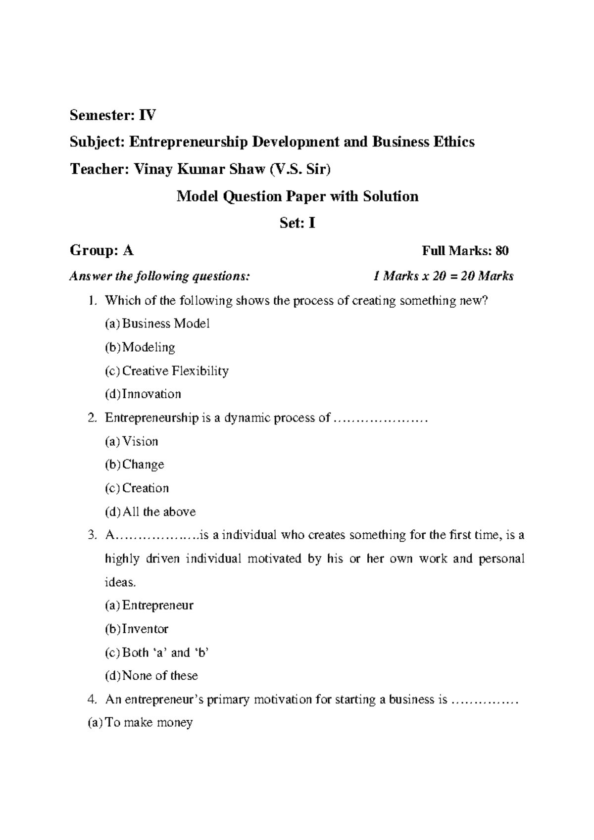 4th Sem EDBE Model Question by Vinay Shaw 01May2020 - Semester: IV ...