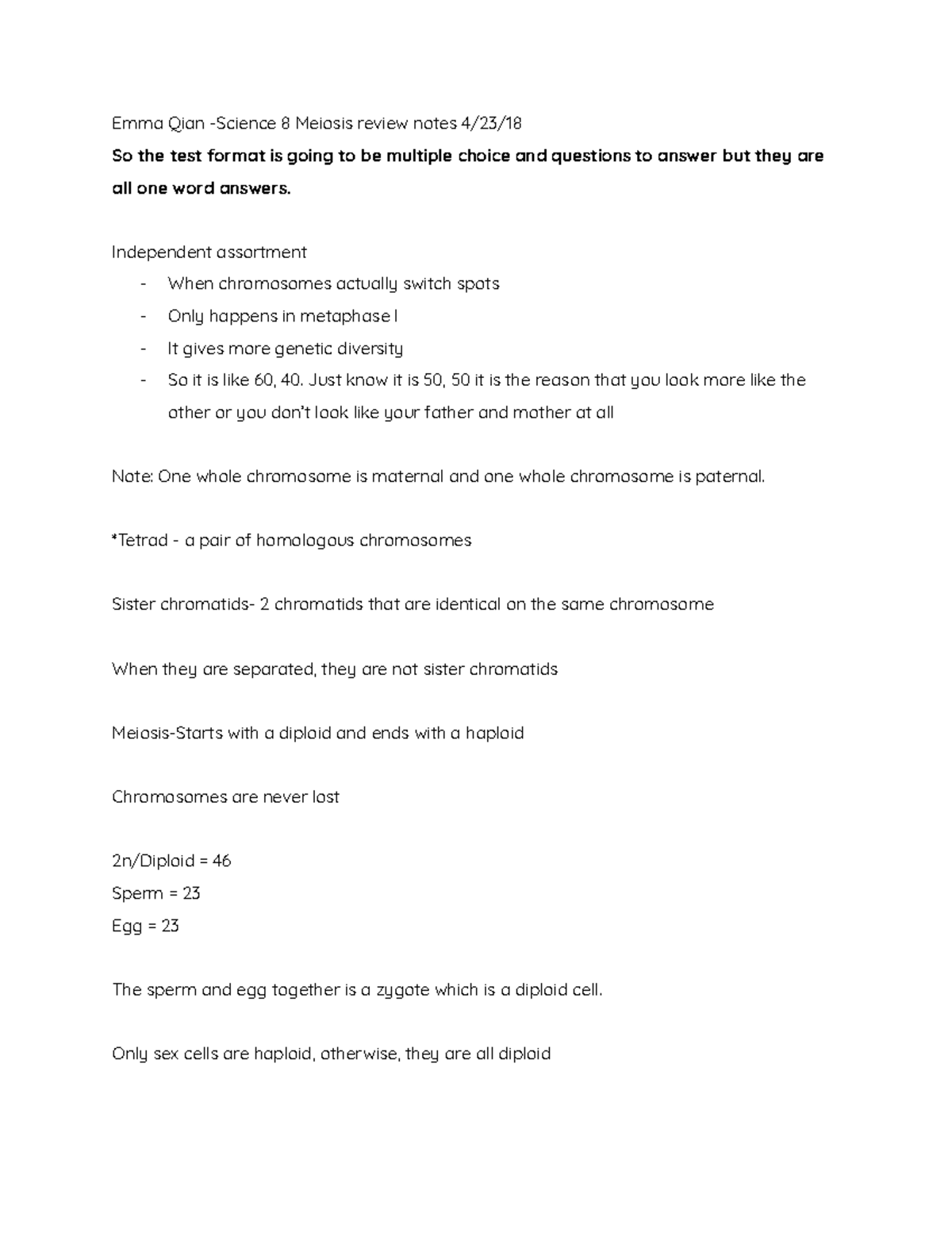 Meiosis quiz review notes - Emma Qian -Science 8 Meiosis review notes 4 ...