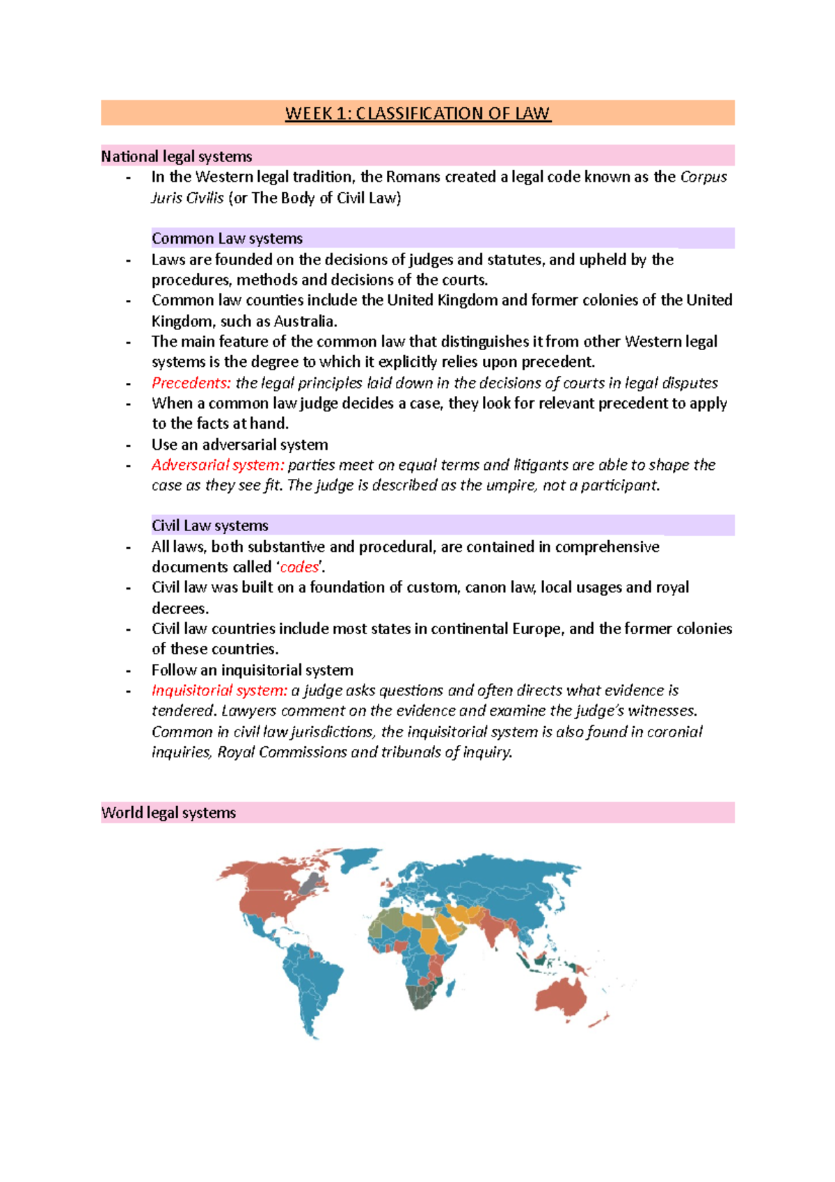 Auslaw notes - WEEK 1: CLASSIFICATION OF LAW National legal systems ...