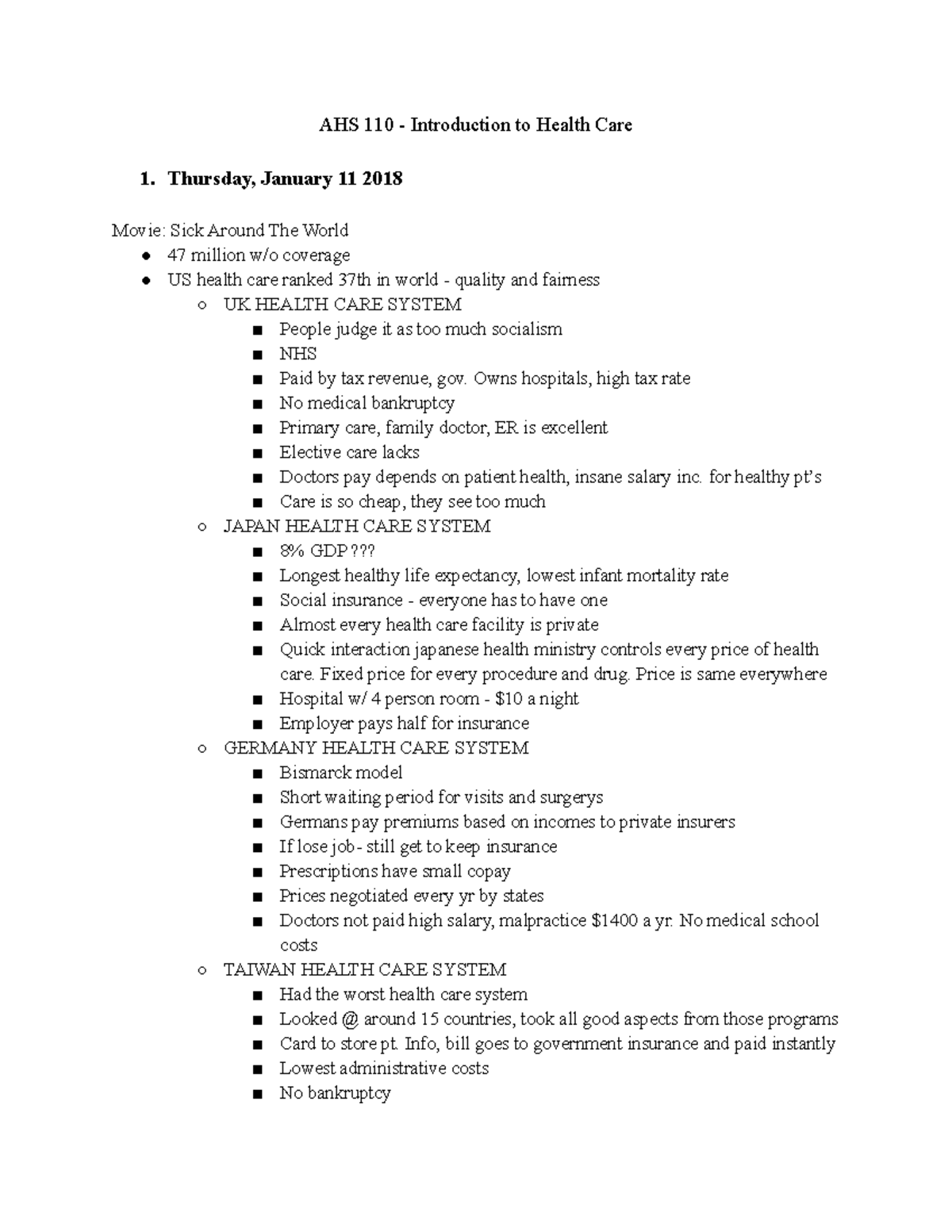AHS 110 Notes - AHS 110 - Introduction to Health Care 1. Thursday ...