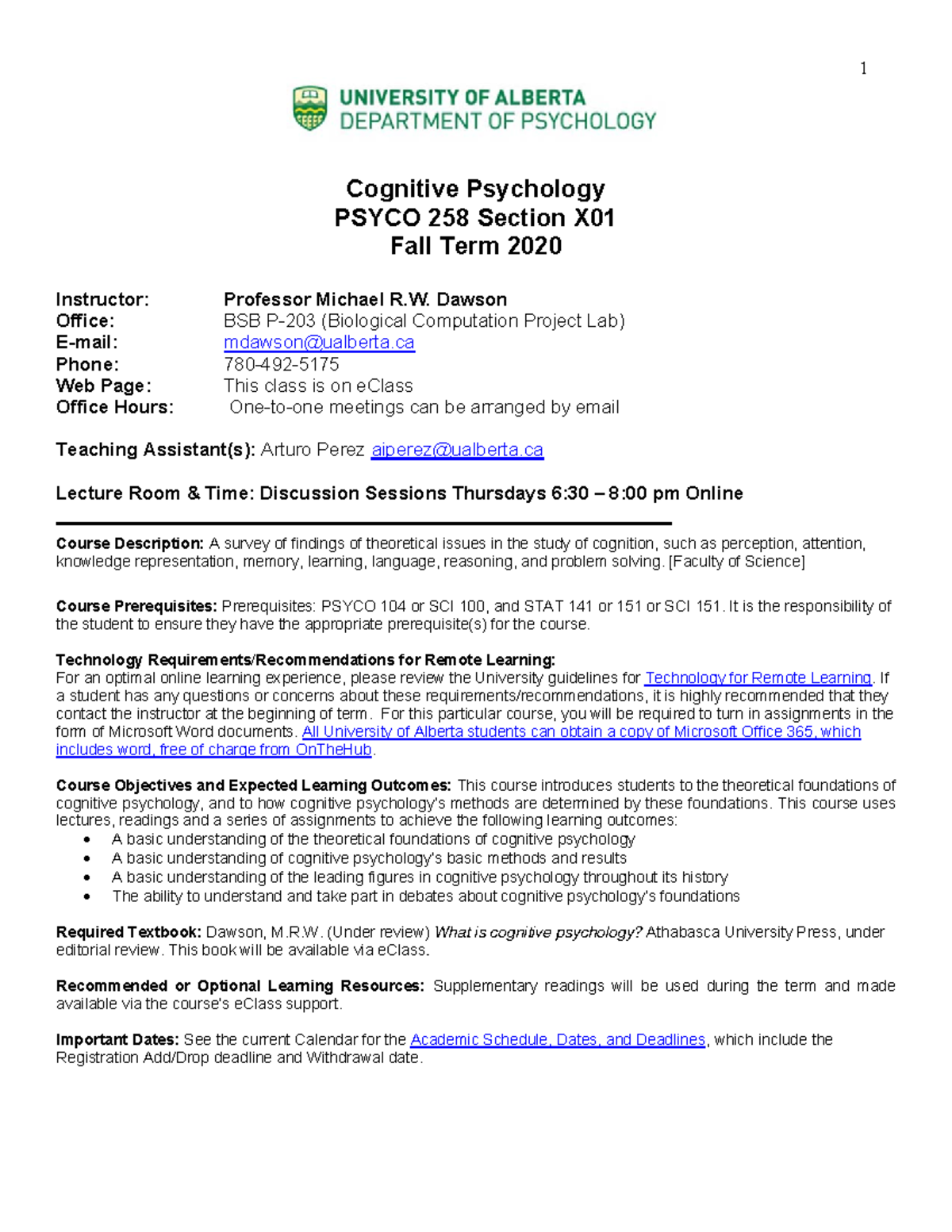 Outline 2020 - Cognitive Psychology PSYCO 258 Section X Fall Term 2020 ...