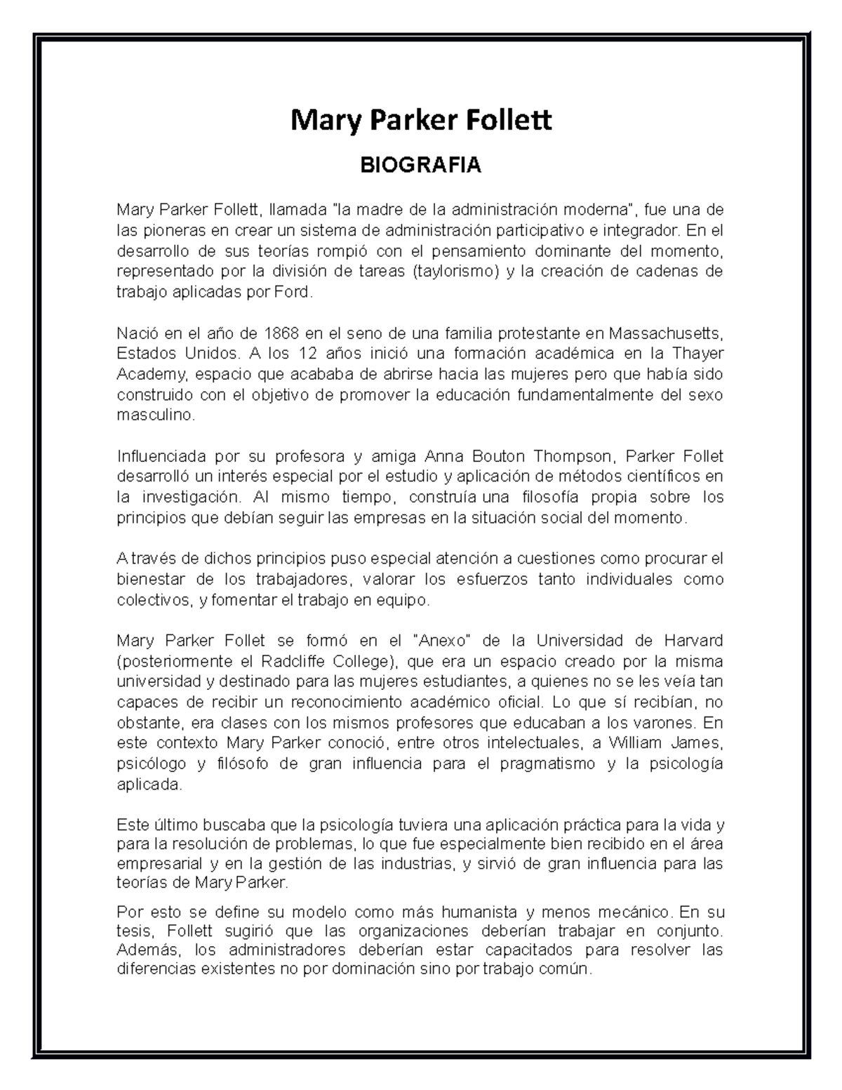 Mary Parker Follett - Biografía - Mary Parker Follet BIOGRAFIA Mary ...