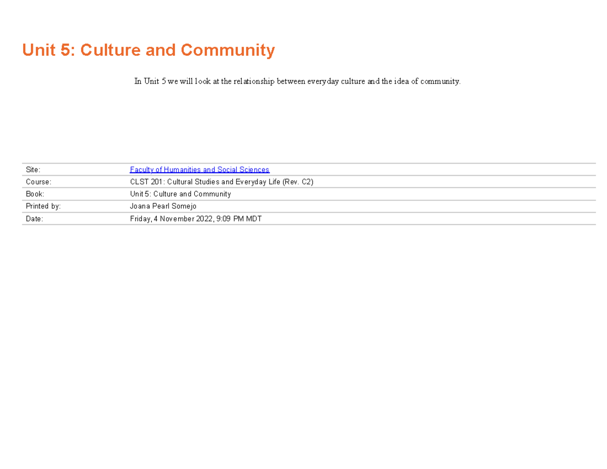 Unit 5 Culture and Community - Unit 5: Culture and Community In Unit 5 ...