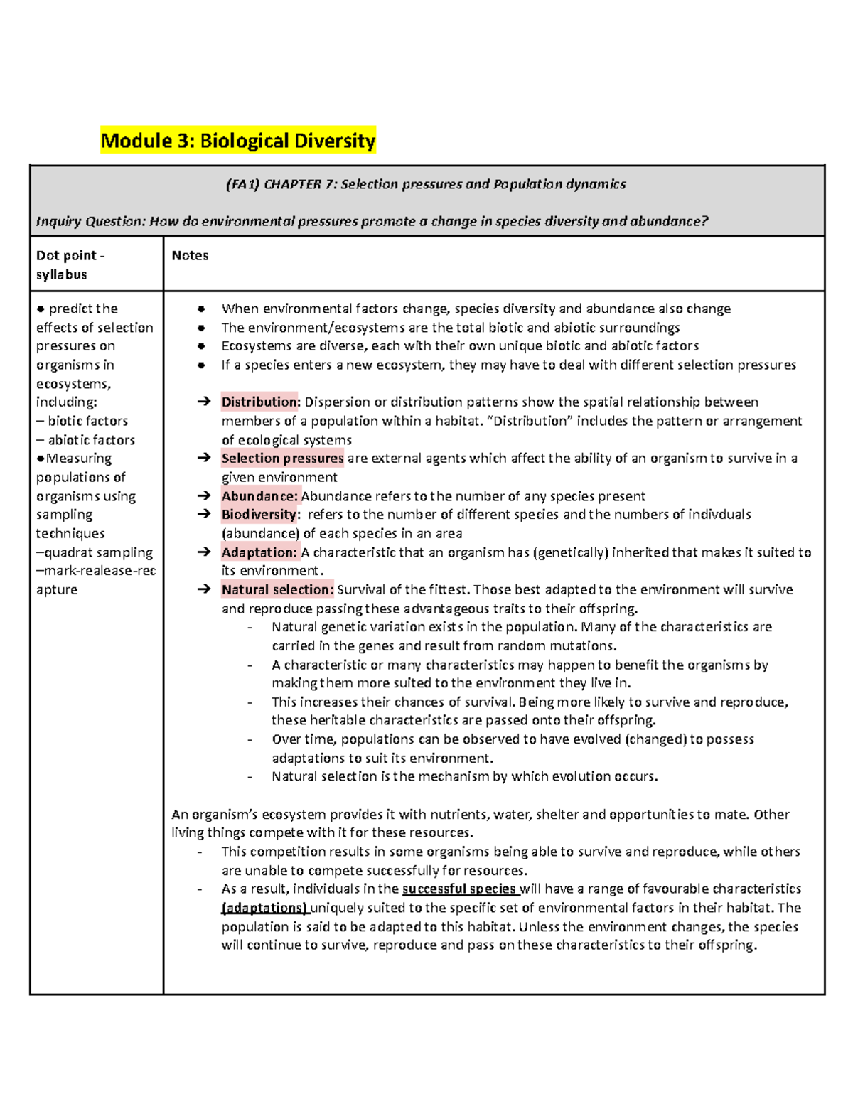 Module 3 4 summarised notes - Module 3: Biological Diversity (FA1 ...