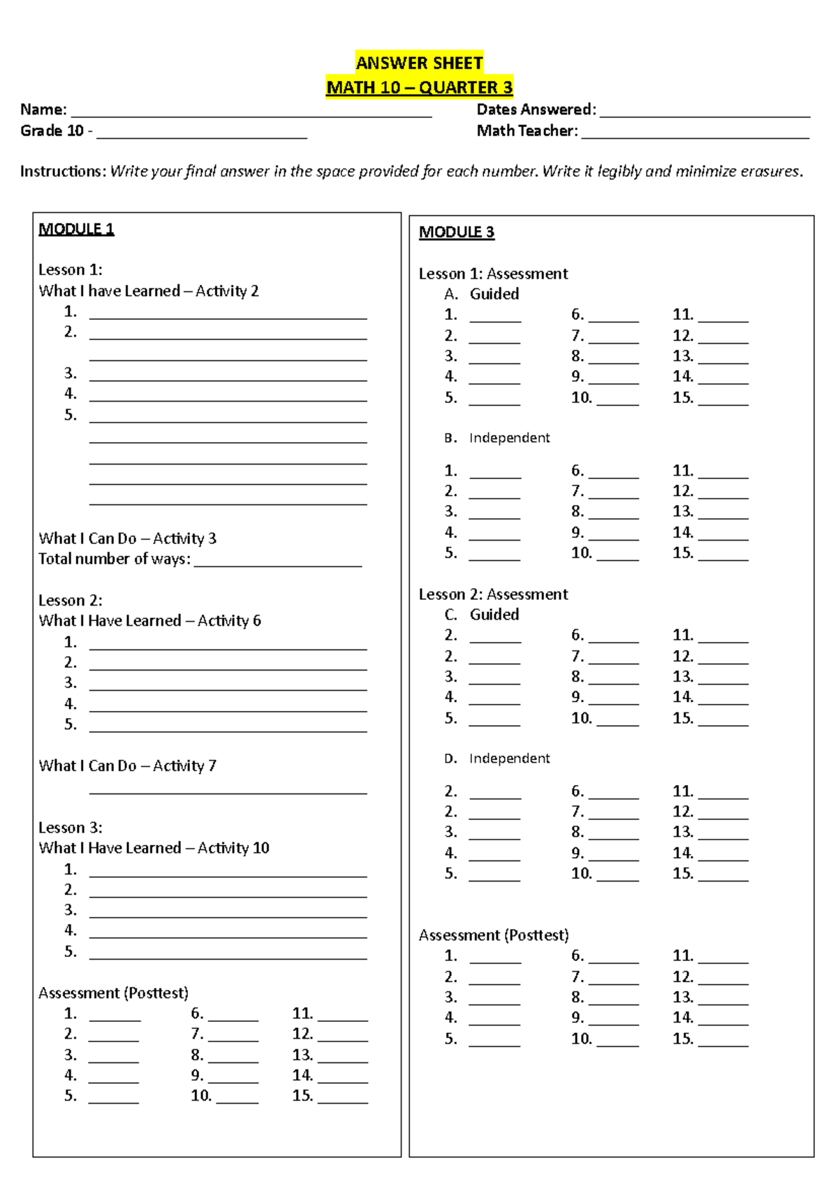 Q3- Answer- Sheet in Fourth Quartwer - ANSWER SHEET MATH 10 – QUARTER 3 ...
