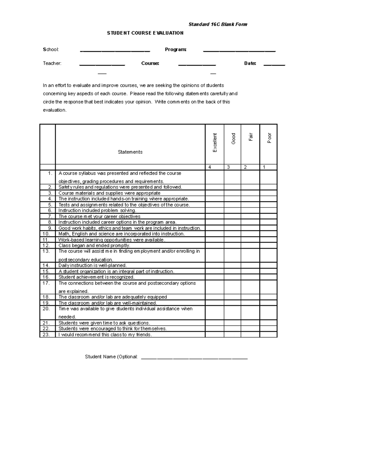 Student Course Evaluation Form - Standard 16C Blank Form STUDENT COURSE ...