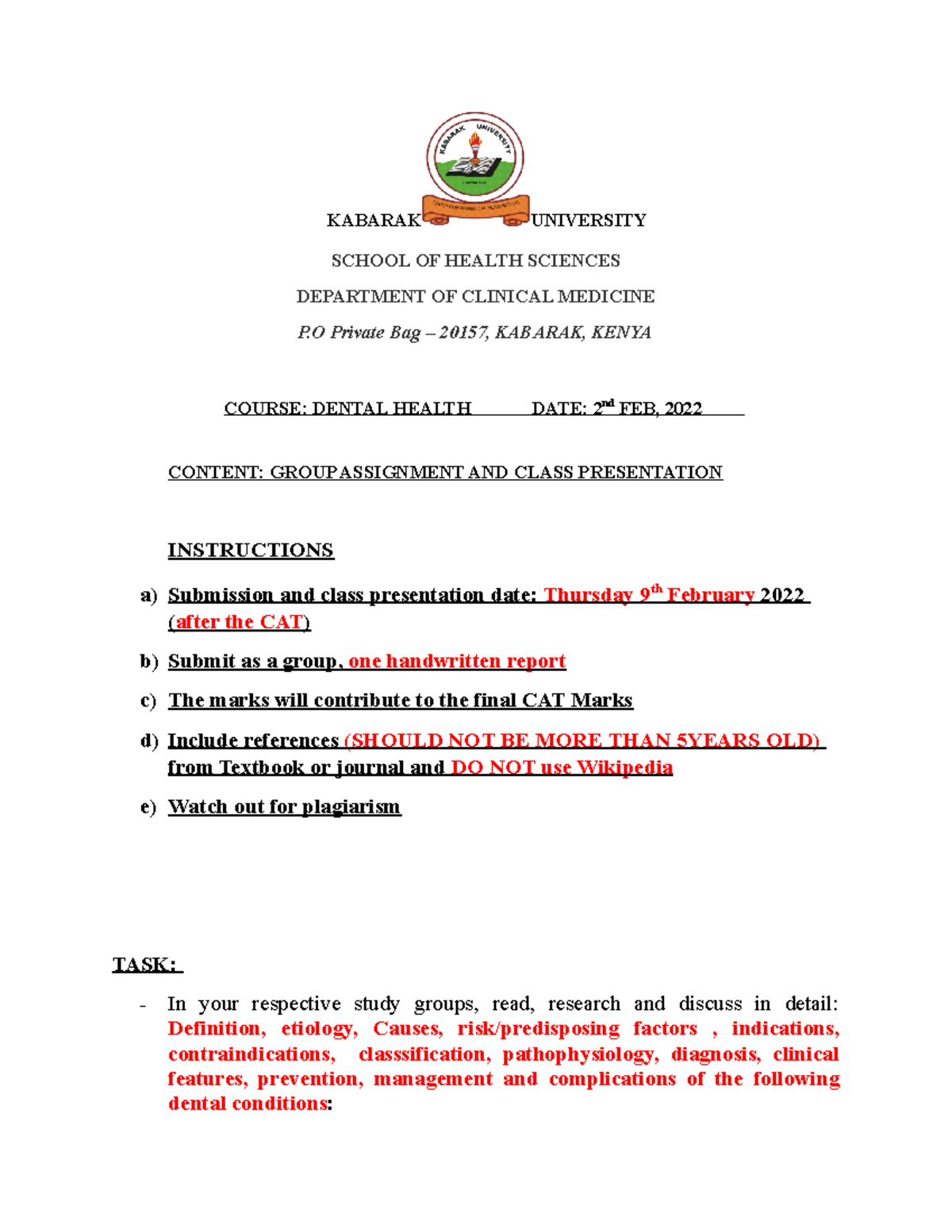 Dental Health Group Assignment - KABARAK UNIVERSITY SCHOOL OF HEALTH ...