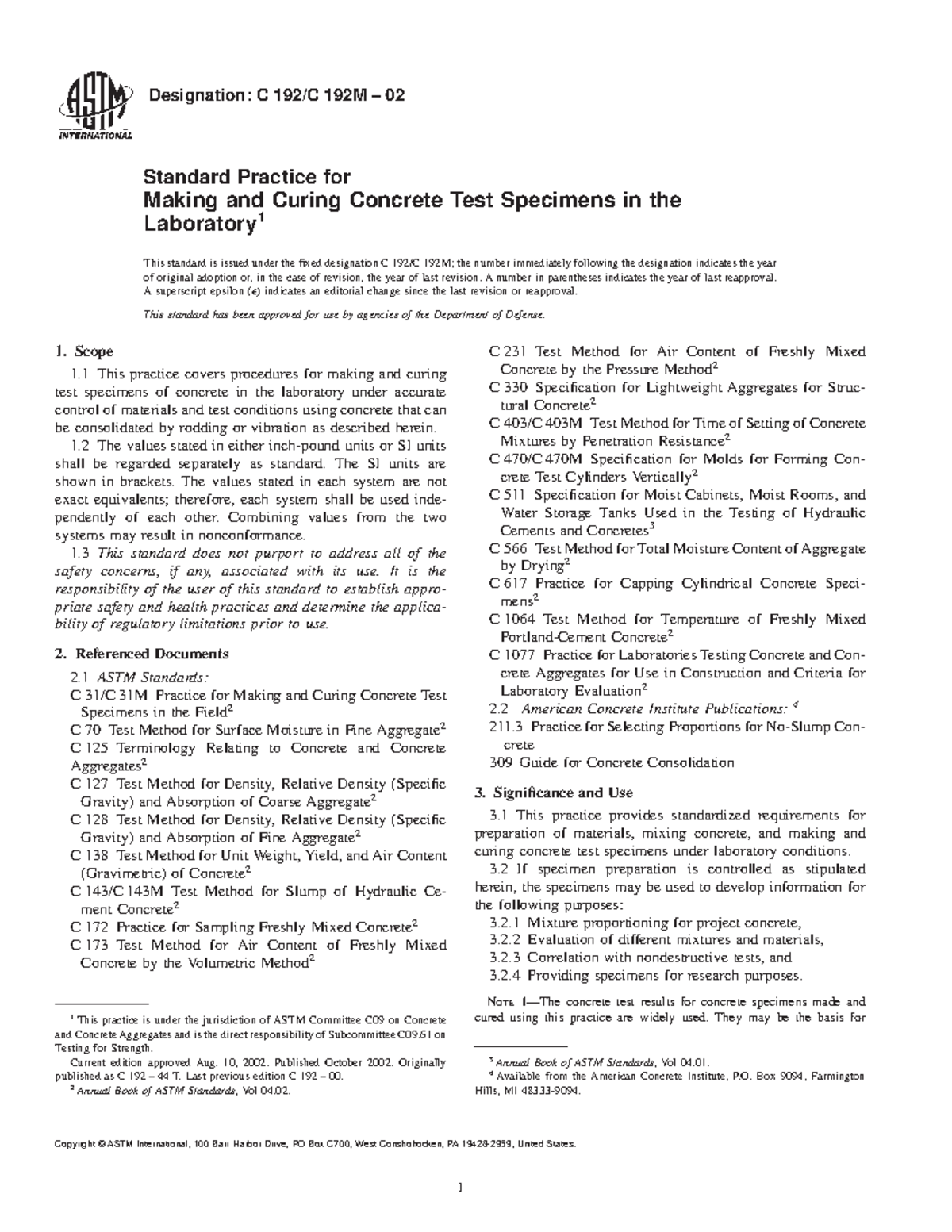 ASTM for Concrete Mixing in Lab - Designation: C 192/C 192M – 02 ...