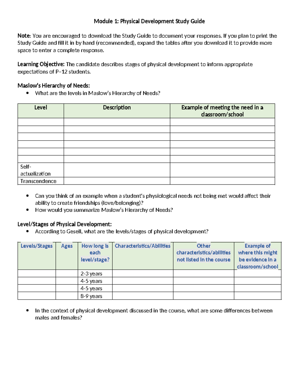 D094 Study Guide 1 - Module 1: Physical Development Study Guide Note: You are encouraged to ...