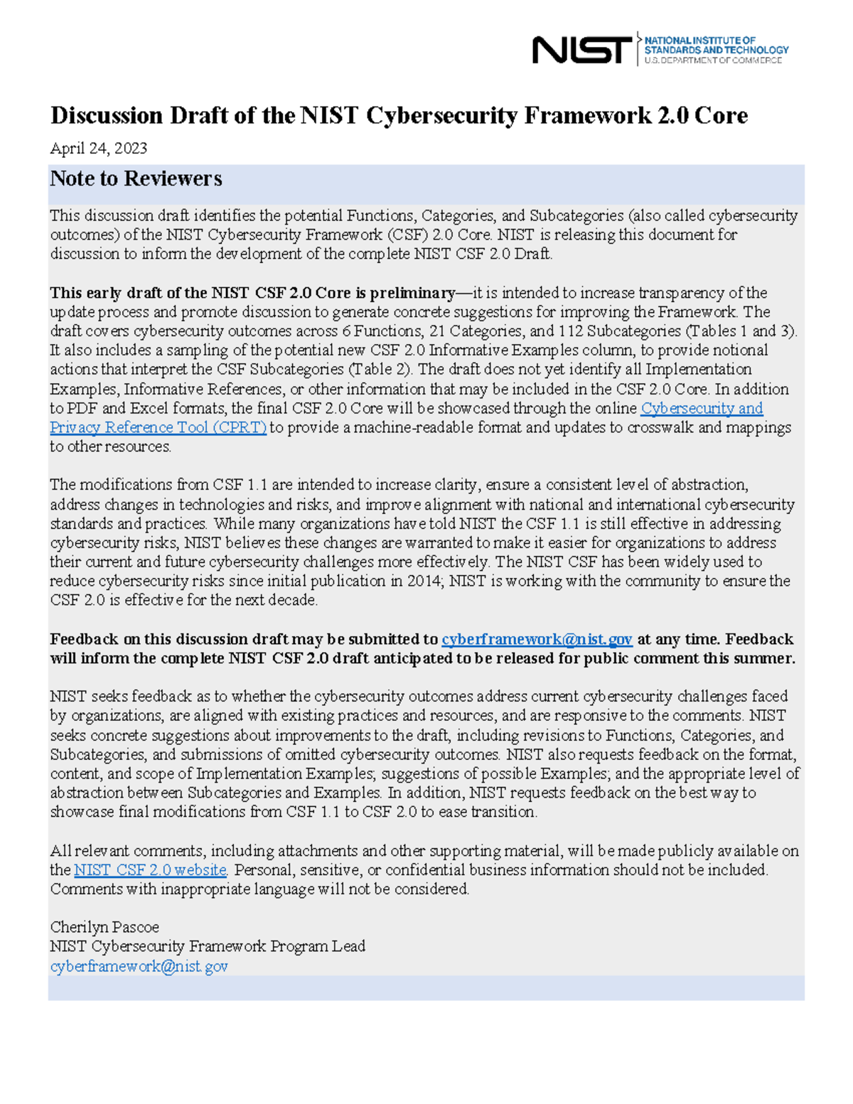-NIST Cybersecurity Framework 2.0 Core - April 24, 2023 Note to ...