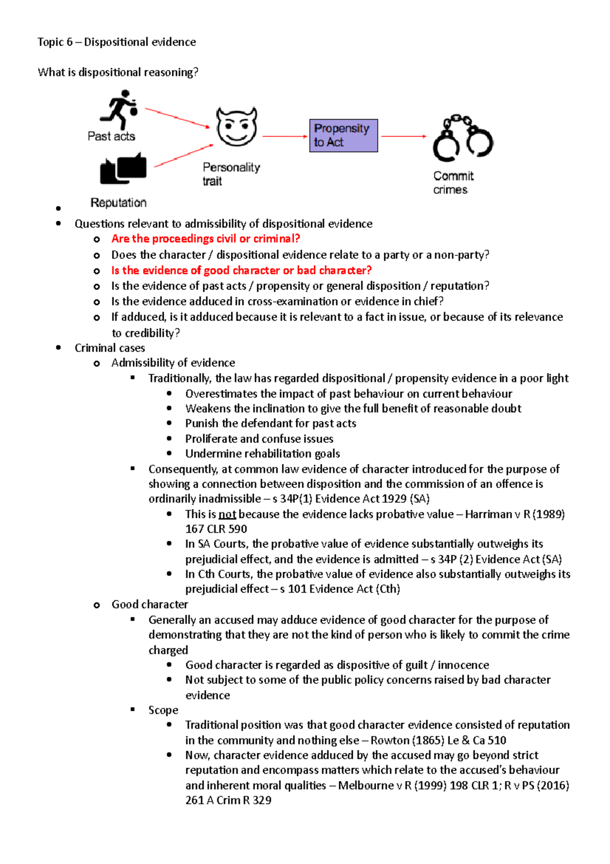 Topic 6 - Lecture notes 6 - Topic 6 – Dispositional evidence What is ...