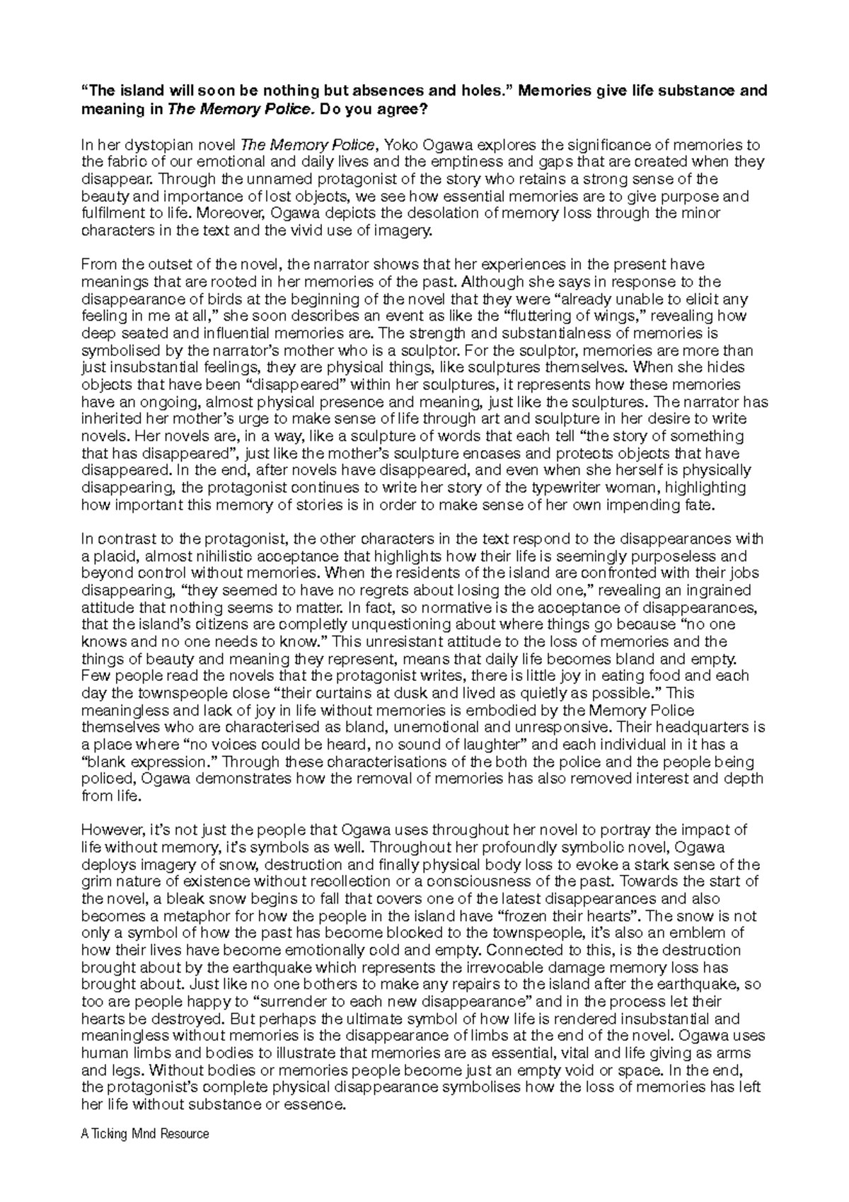 Example essay 1 - NOTES - “The island will soon be nothing but absences ...