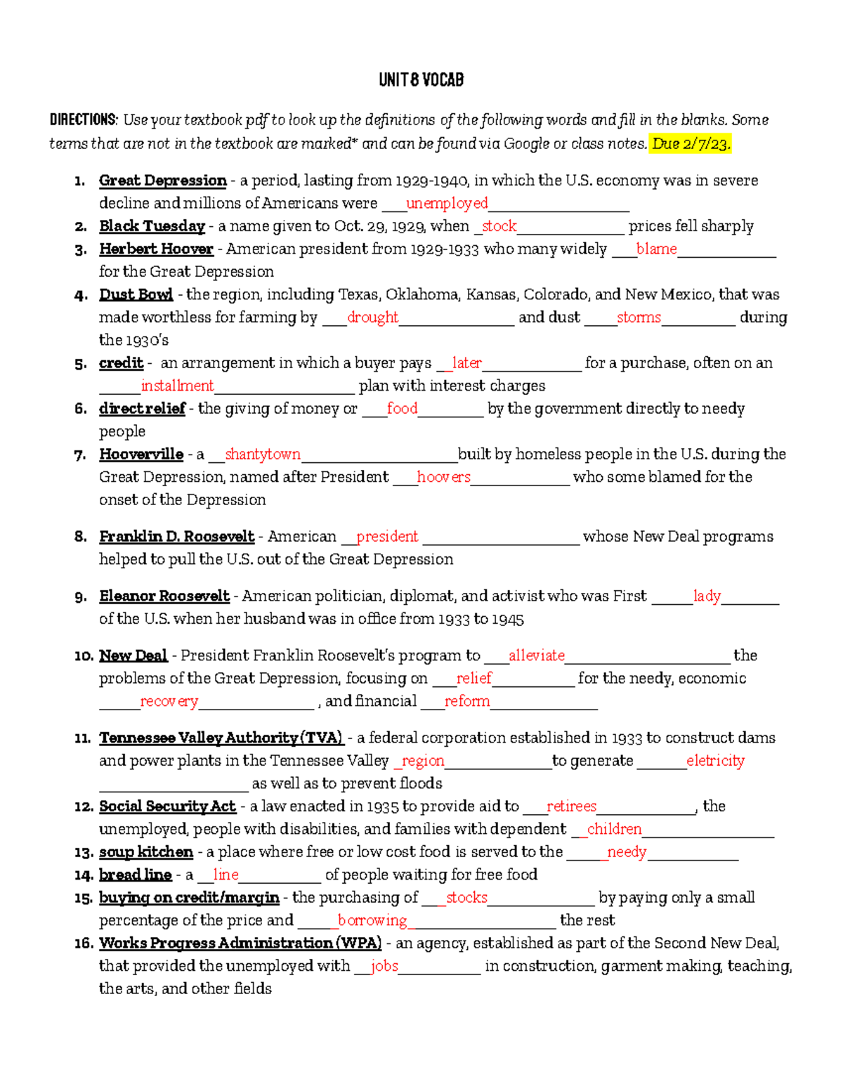 - Unit 8 Vocab - 16947404 - Unit 8 Vocab Directions: Use your textbook ...