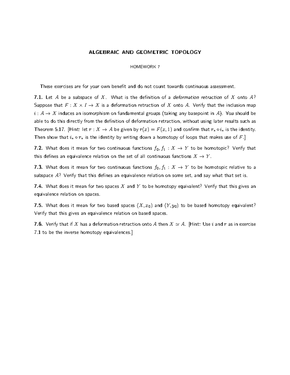 HW7 - Home-work 7 - ALGEBRAIC AND GEOMETRIC TOPOLOGY HOMEWORK 7 These ...