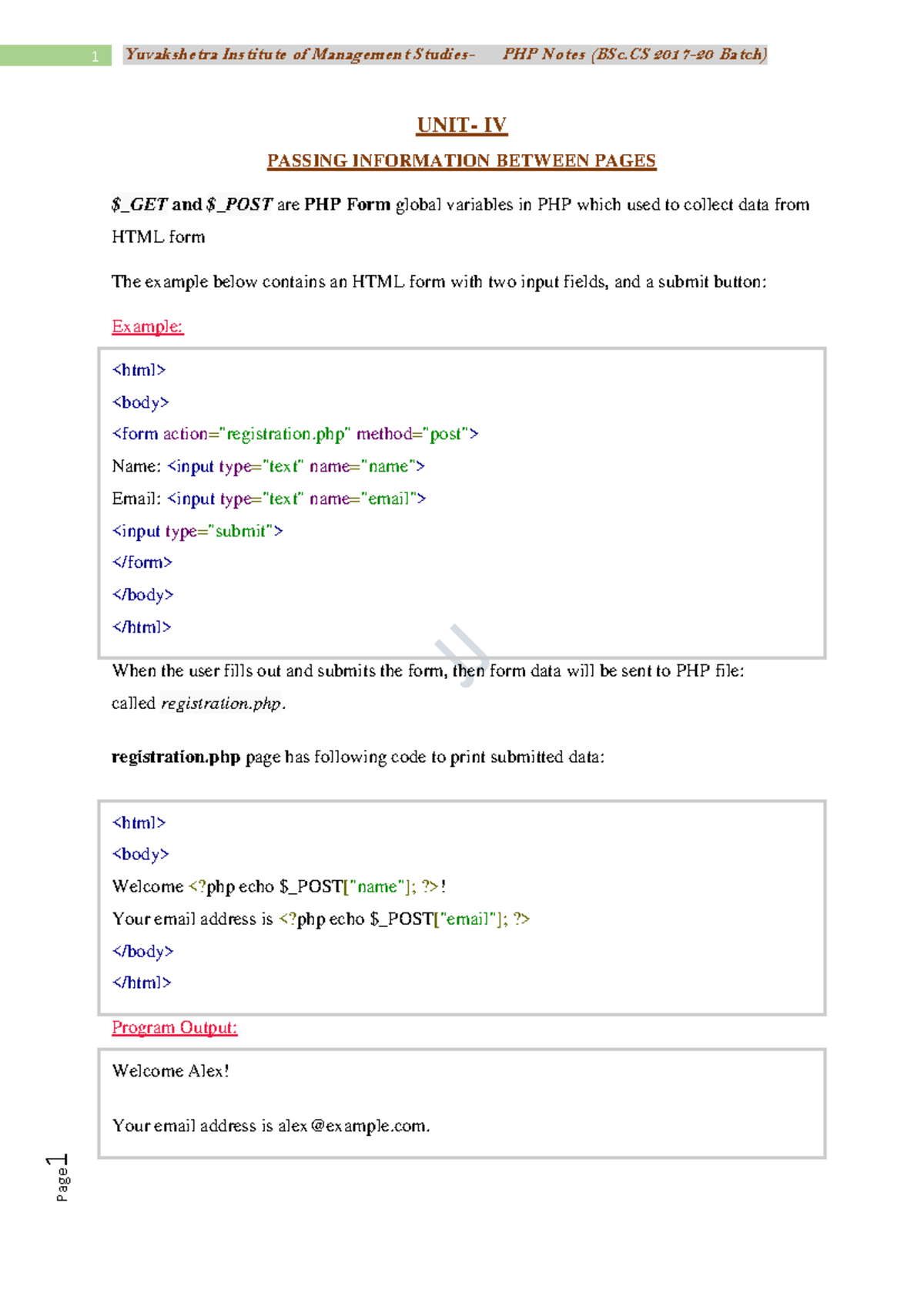 PHP Module 4 - Vvb - 1 UNIT- IV PASSING INFORMATION BETWEEN PAGES $_GET and $_POST are PHP Form ...