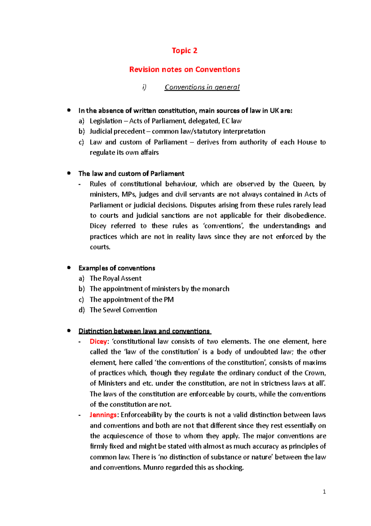 Conventions revision notes - Topic 2 Revision notes on Conventions i ...