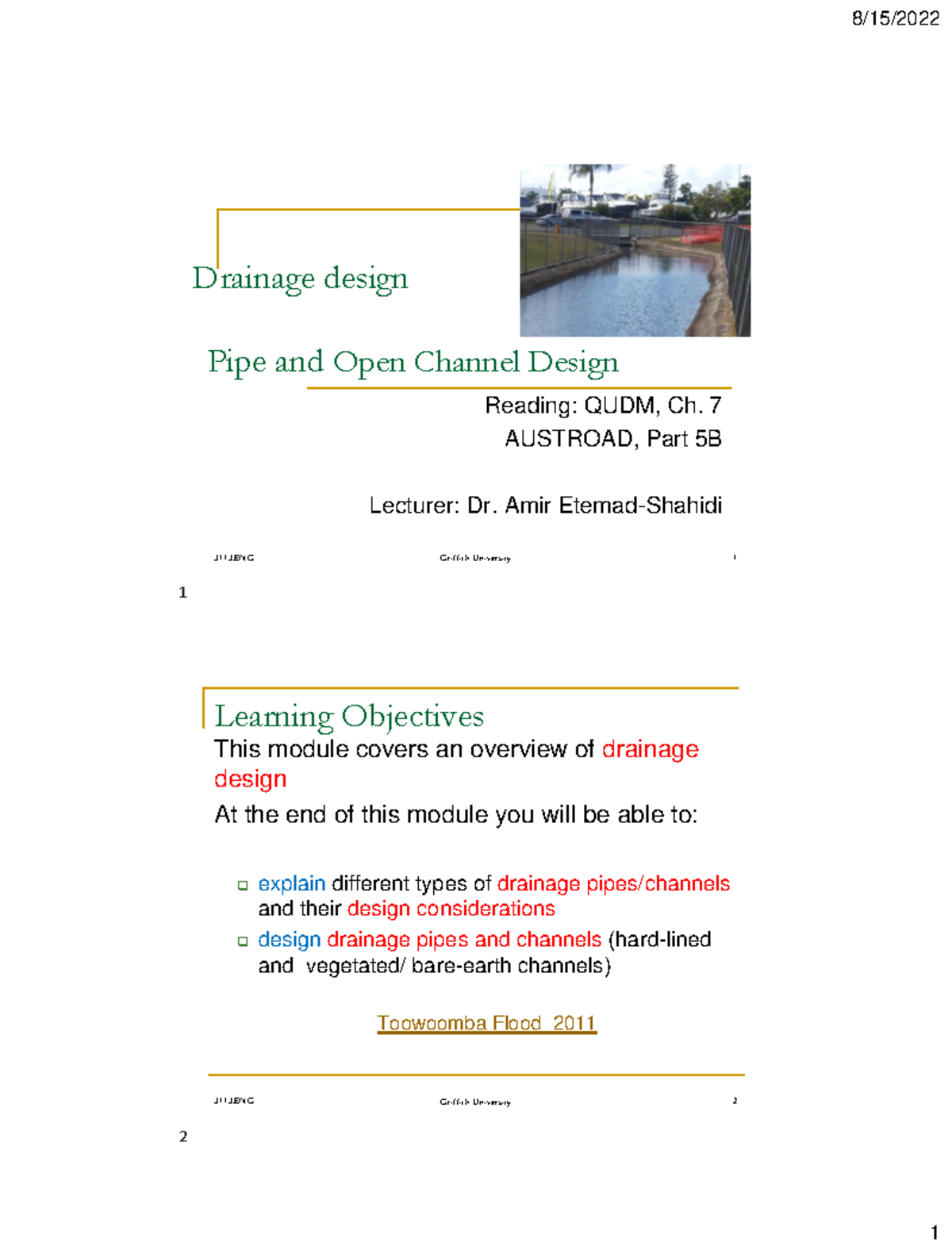 31131 ENG-Week 5 -Open channel design - 1 Drainage design Pipe and Open ...