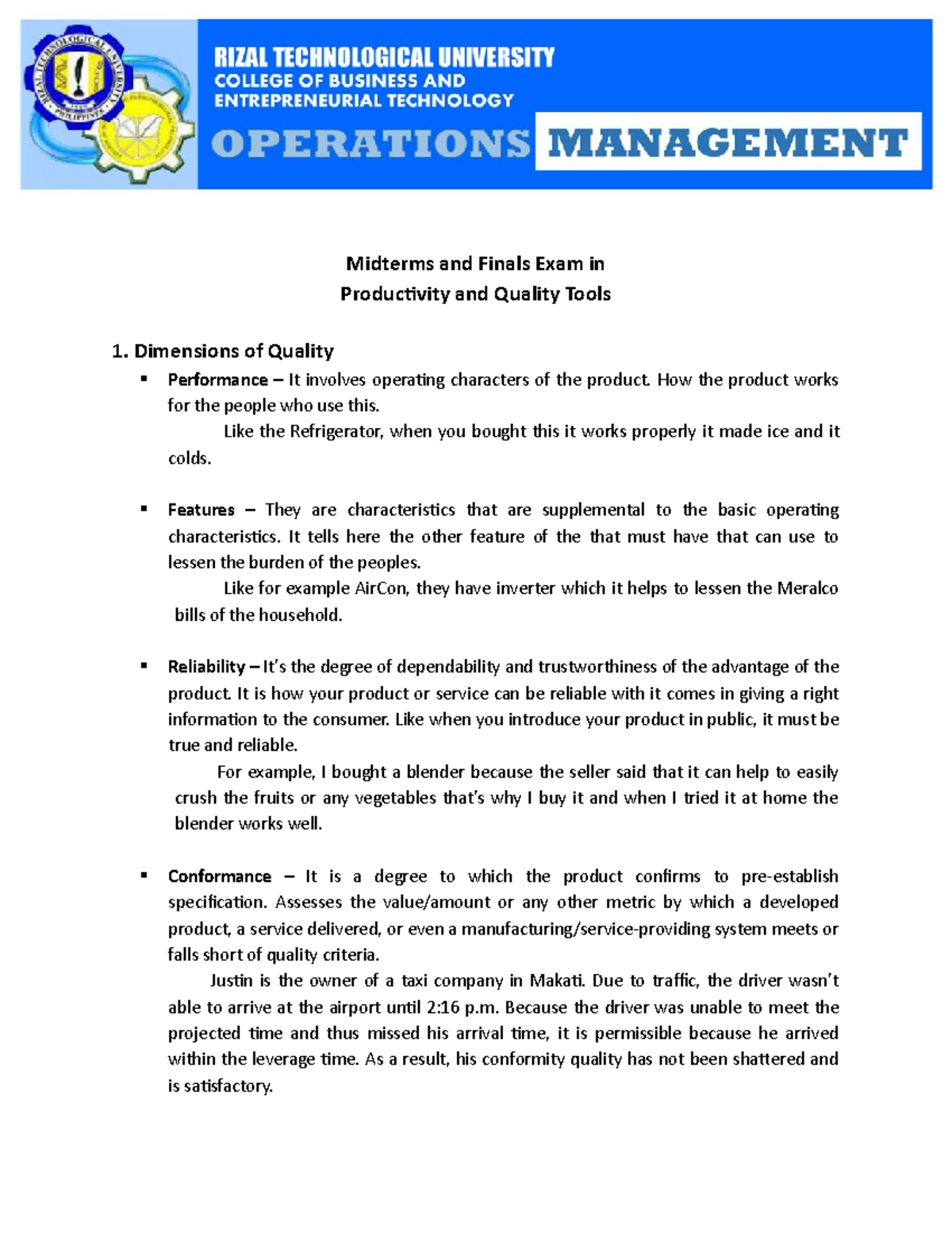 Productivity and Quality Tools - Dimensions of Quality Performance – It ...