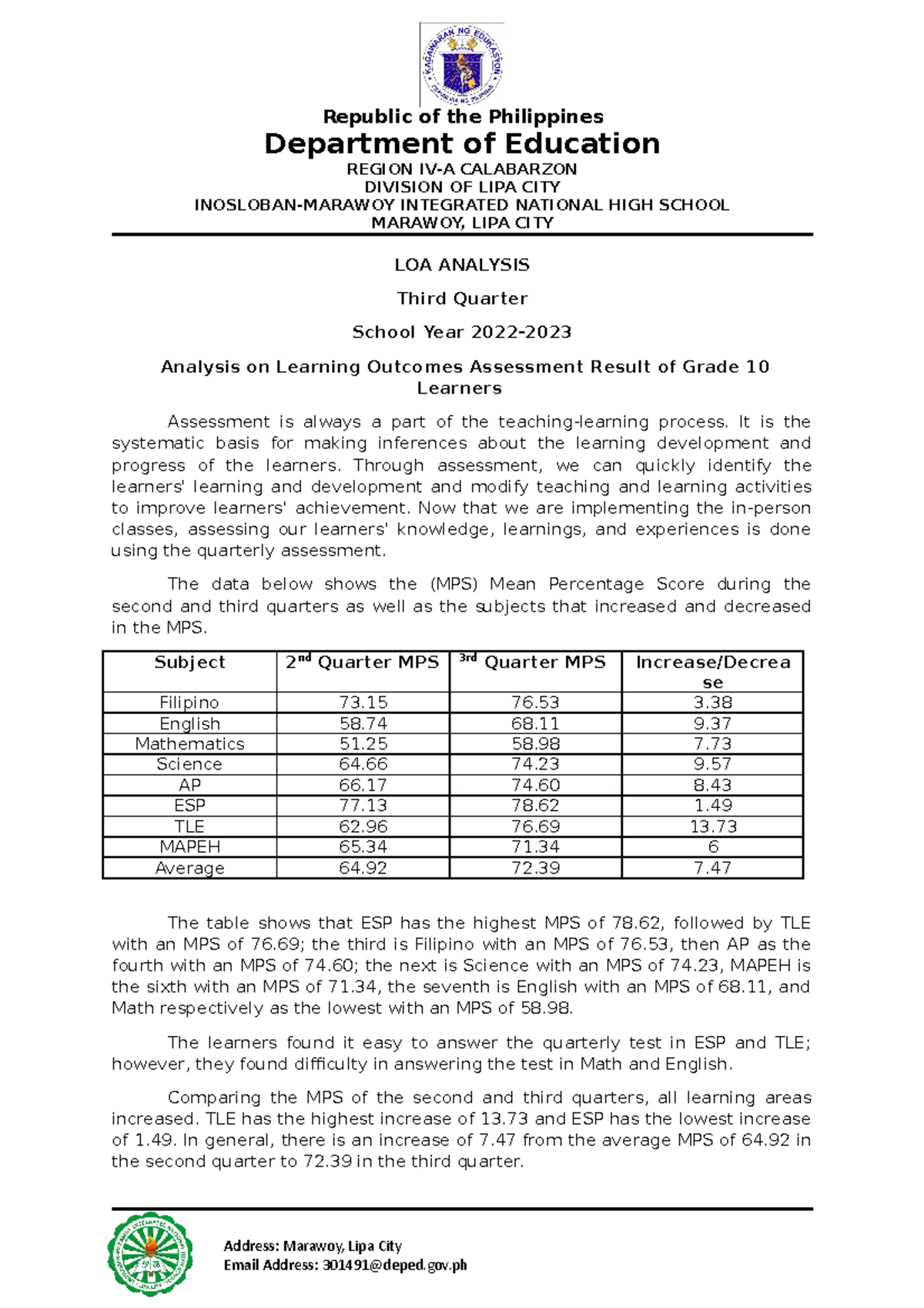 G 10 Q3 LOA Analysis - jtdxjvmvmh - Republic of the Philippines ...