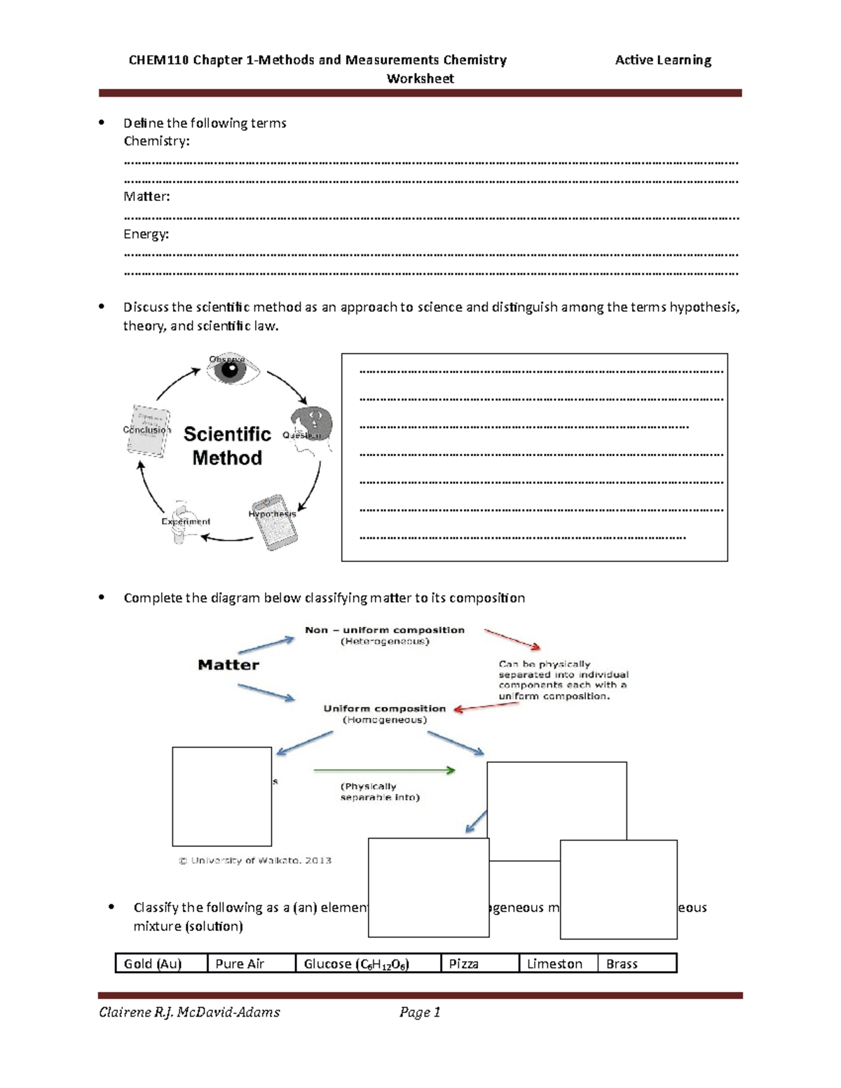 CHEM110 Chapt 1 Active Learning for students - Worksheet Define the ...