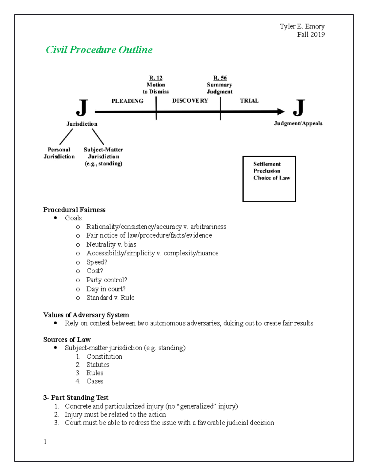 Civil Procedure Outline - Fall 2019 Civil Procedure Outline Procedural ...