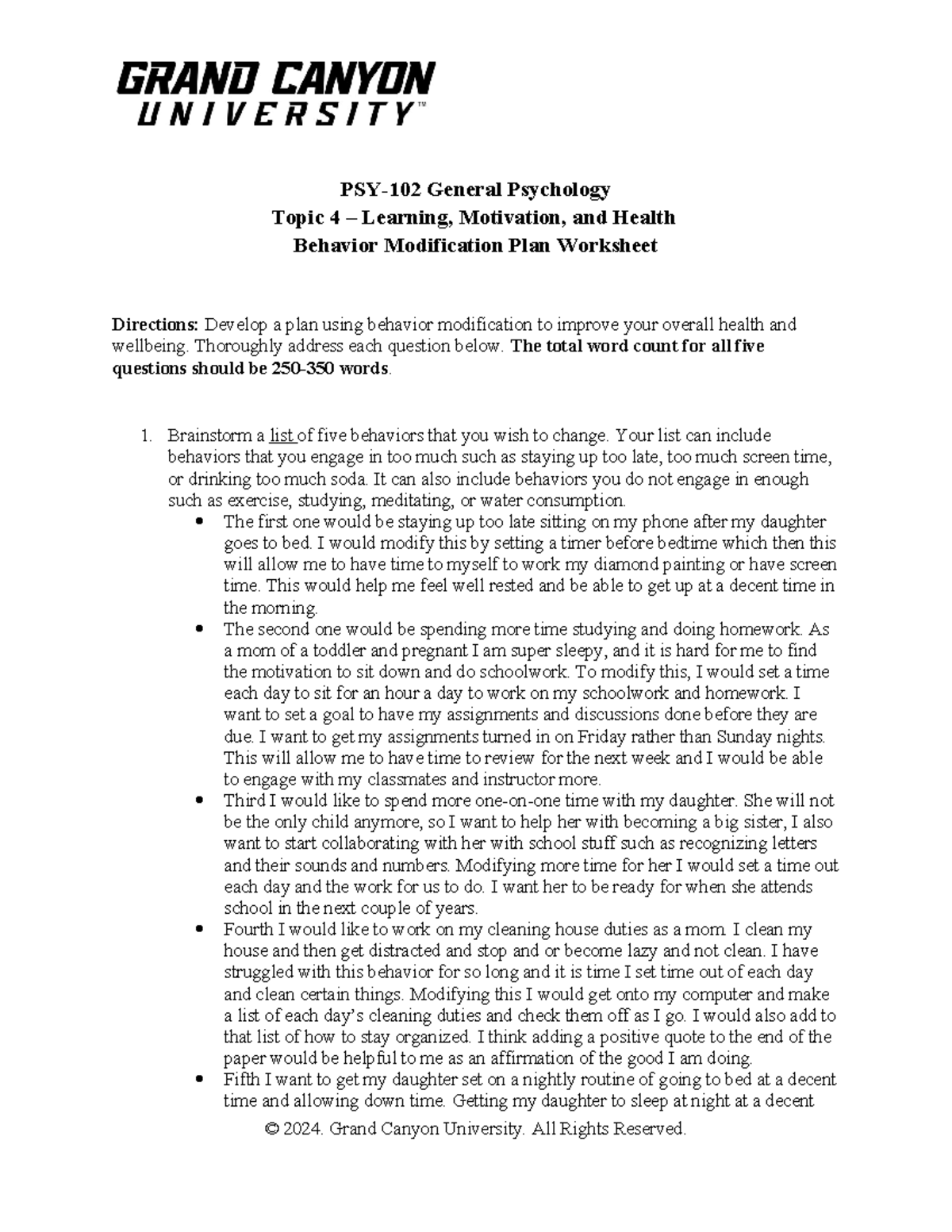 PSY 102 RS T4 Behavior Modification Plan - PSY-102 General Psychology ...