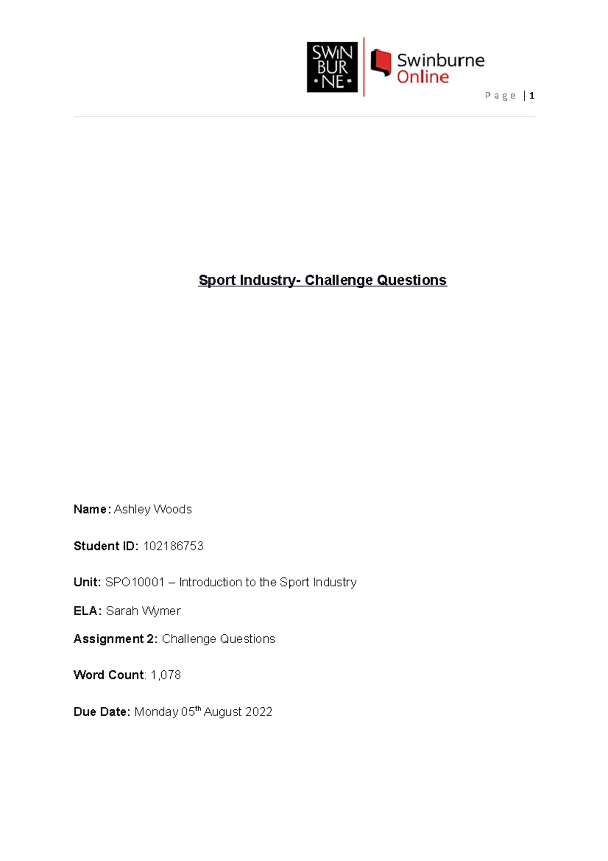 SPO10001- Introduction to Sports Industry - Assignment 2 - Challenge ...