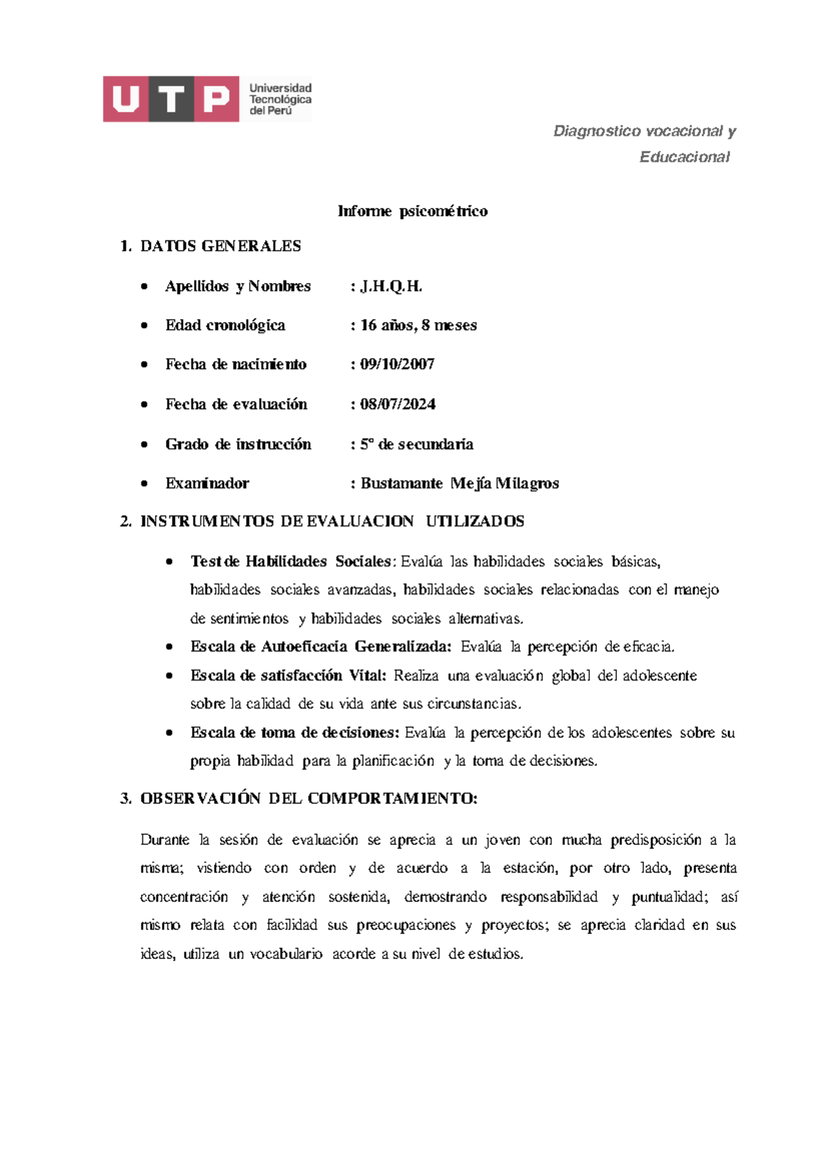Informe psicologico DVYE (3) - Diagnostico vocacional y Educacional ...