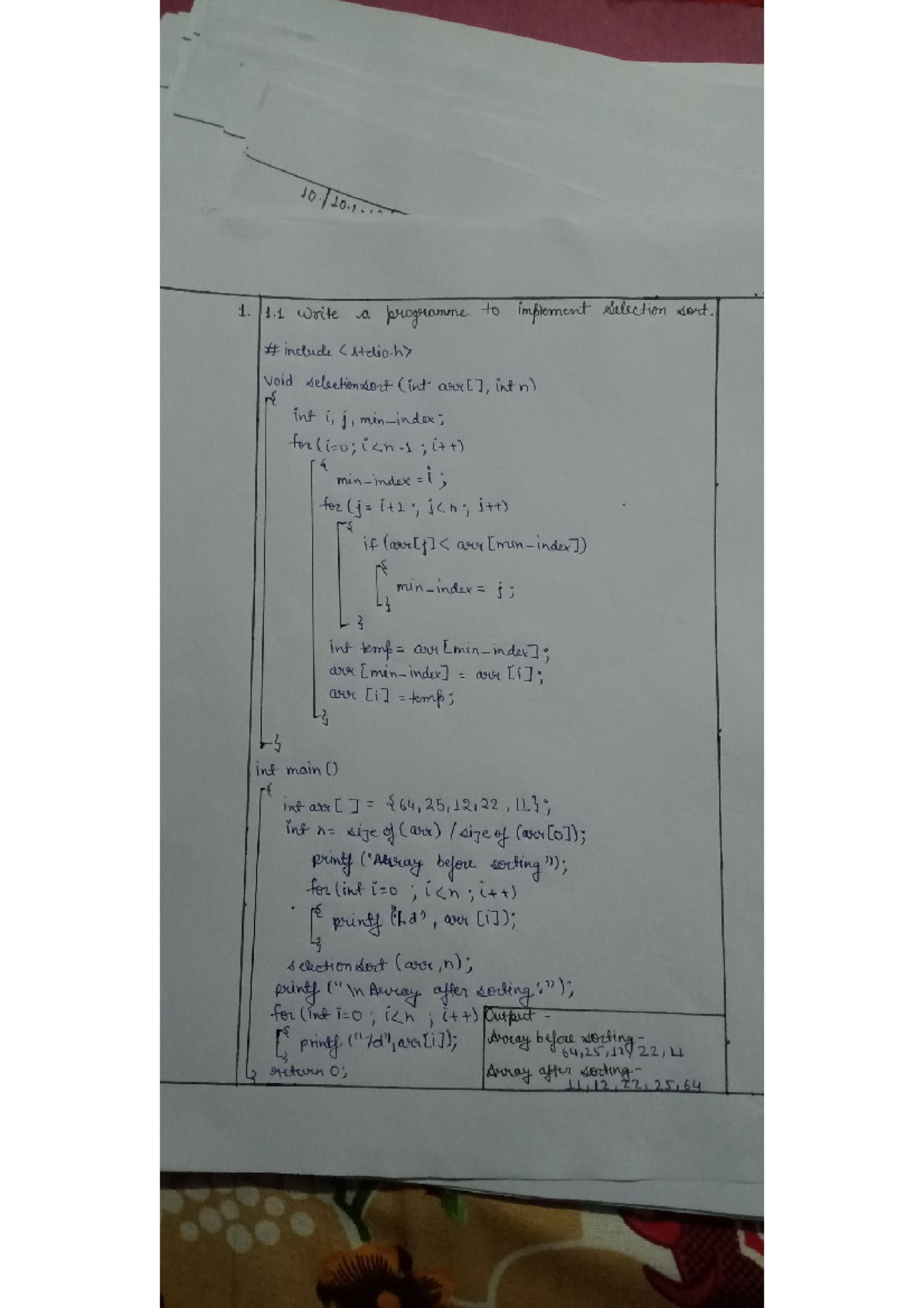 Labfile - hello - 10.110 1. 1 write a programme to implement selection sort. include void ...