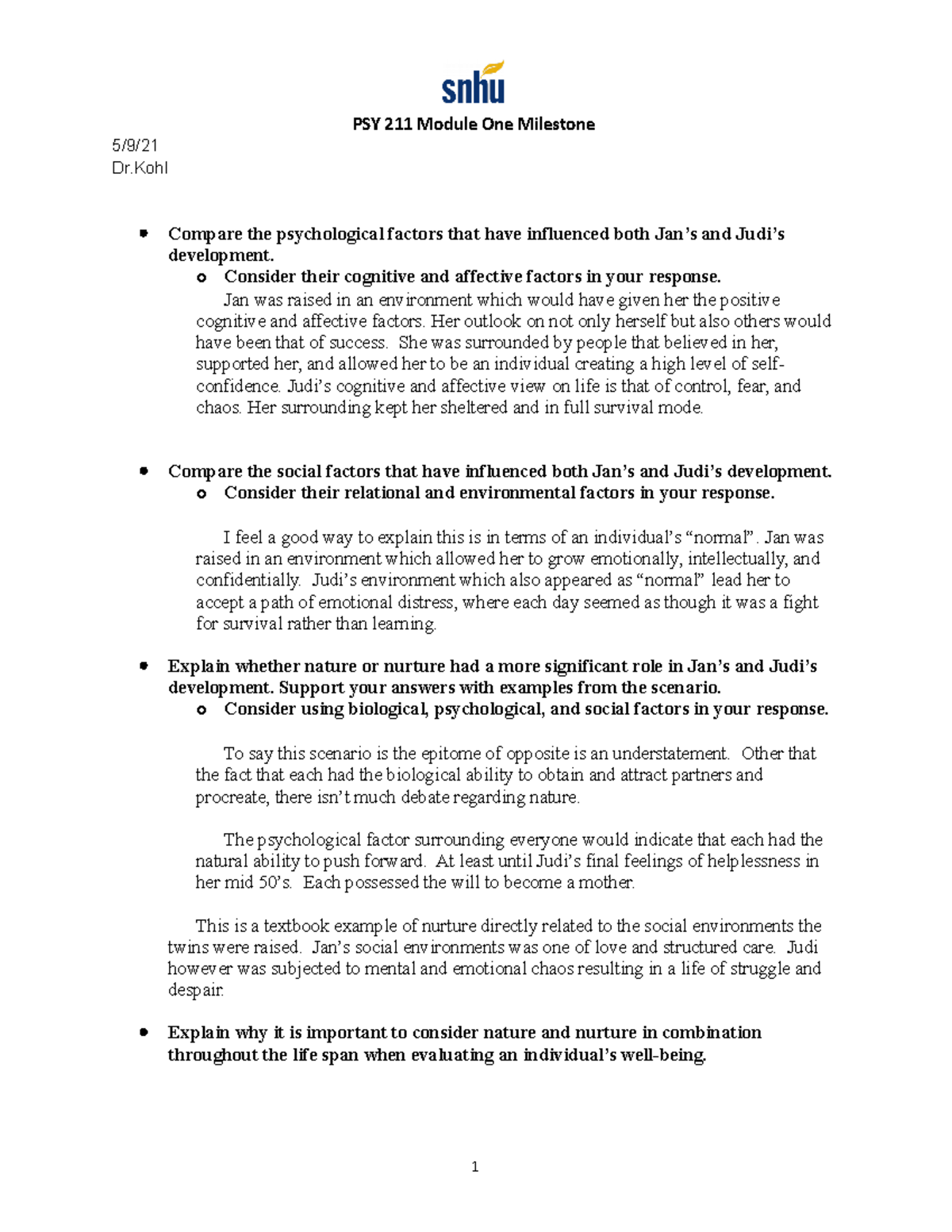 PSY 211 Module One Milestone Template - PSY 211 Module One Milestone 5 ...