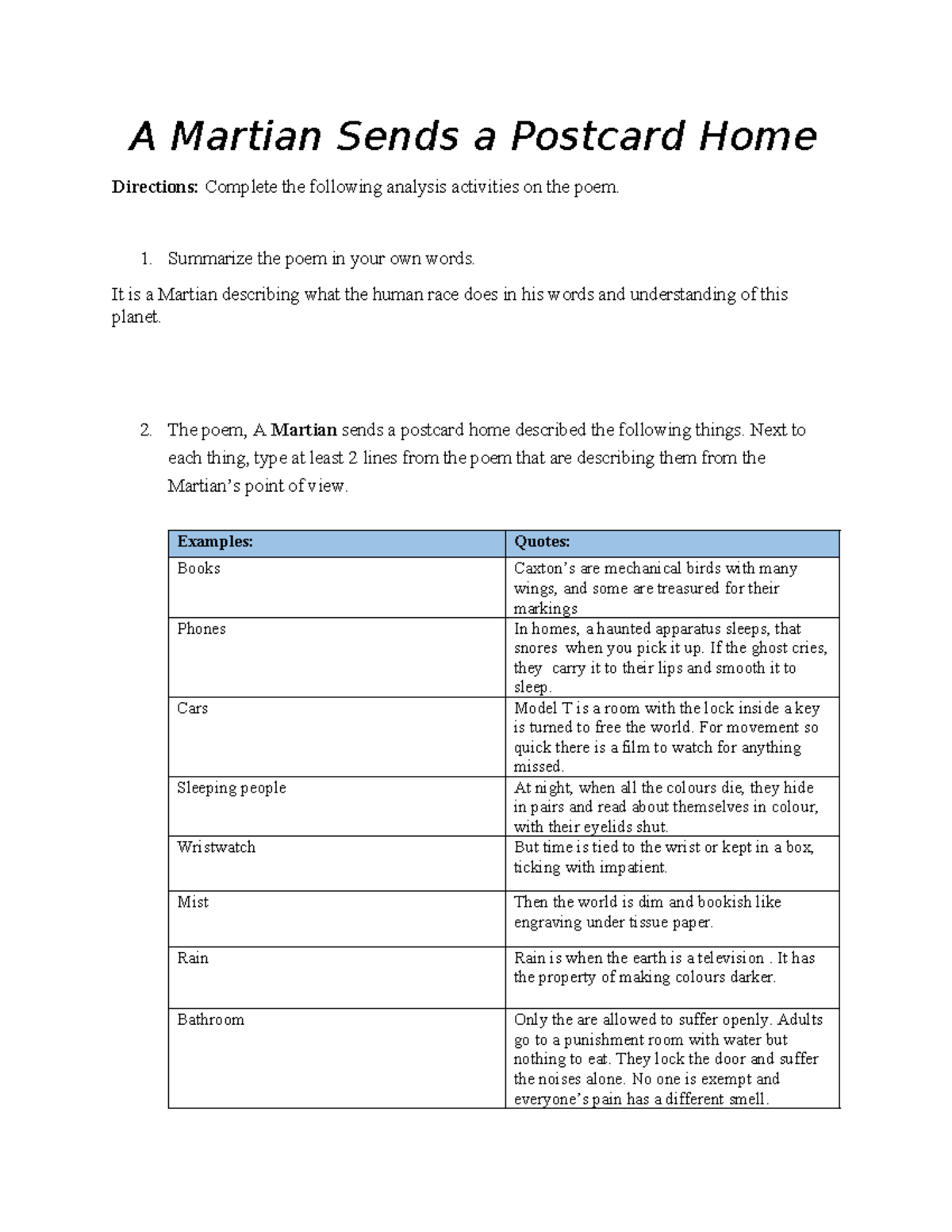 A Martian Sends a Postcard Home Analysis - A Martian Sends a Postcard ...